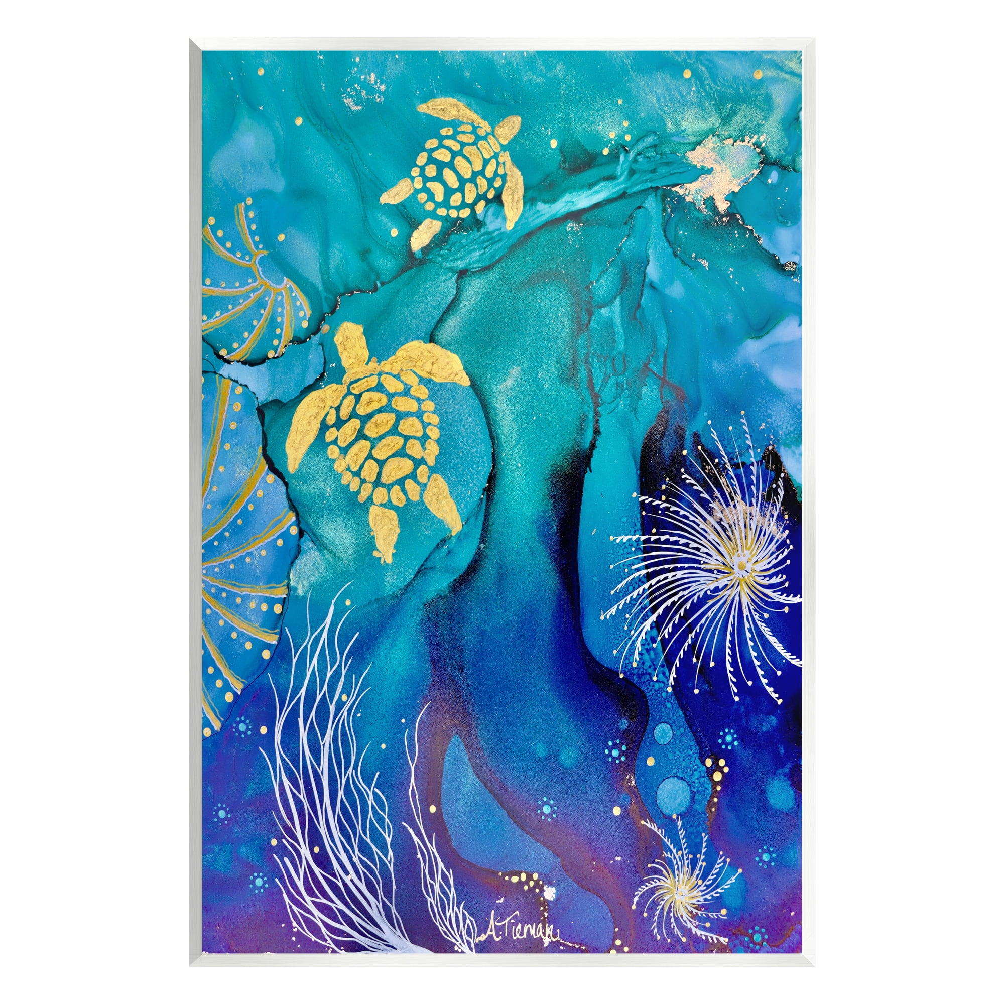 Stupell Industries Abstract Blue Sea Turtles Abstract Painting Unframed Art Print Wall Art, 13 x ...