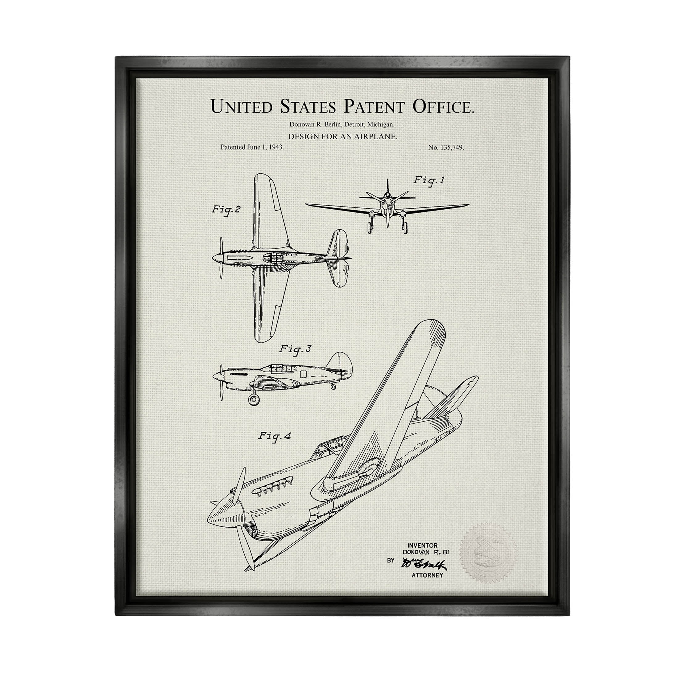 Stupell Industries Aircraft Patent Diagram Chart Graphic Art Jet Black ...