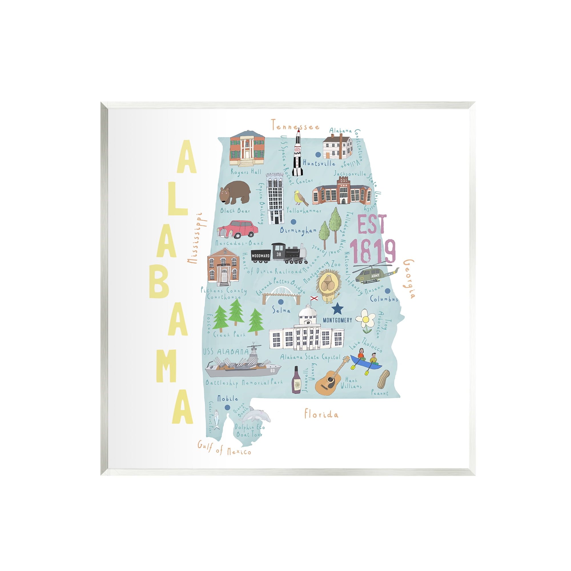 Stupell Industries Alabama Landmark Map USA Travel & Places Painting ...