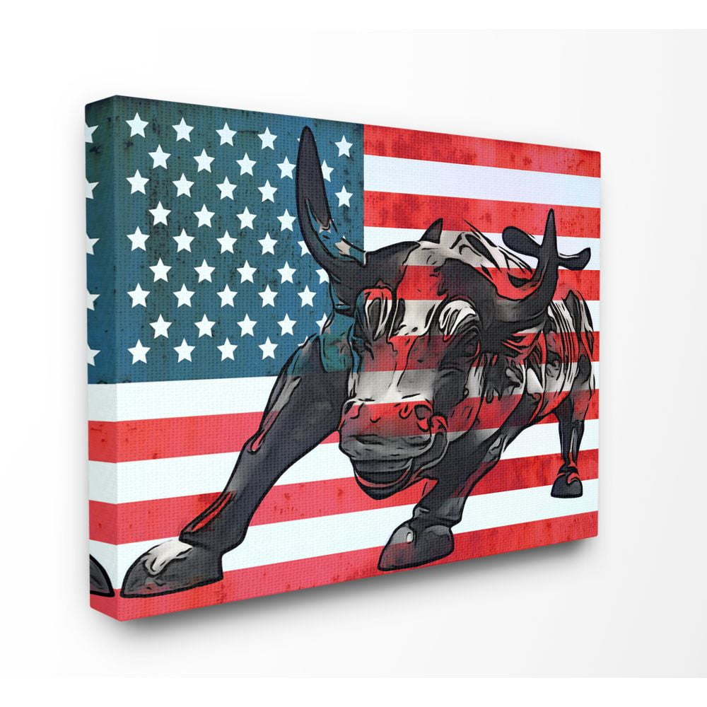Stupell Industries American Flag USA Rustic Bull Design Canvas Wall Art ...