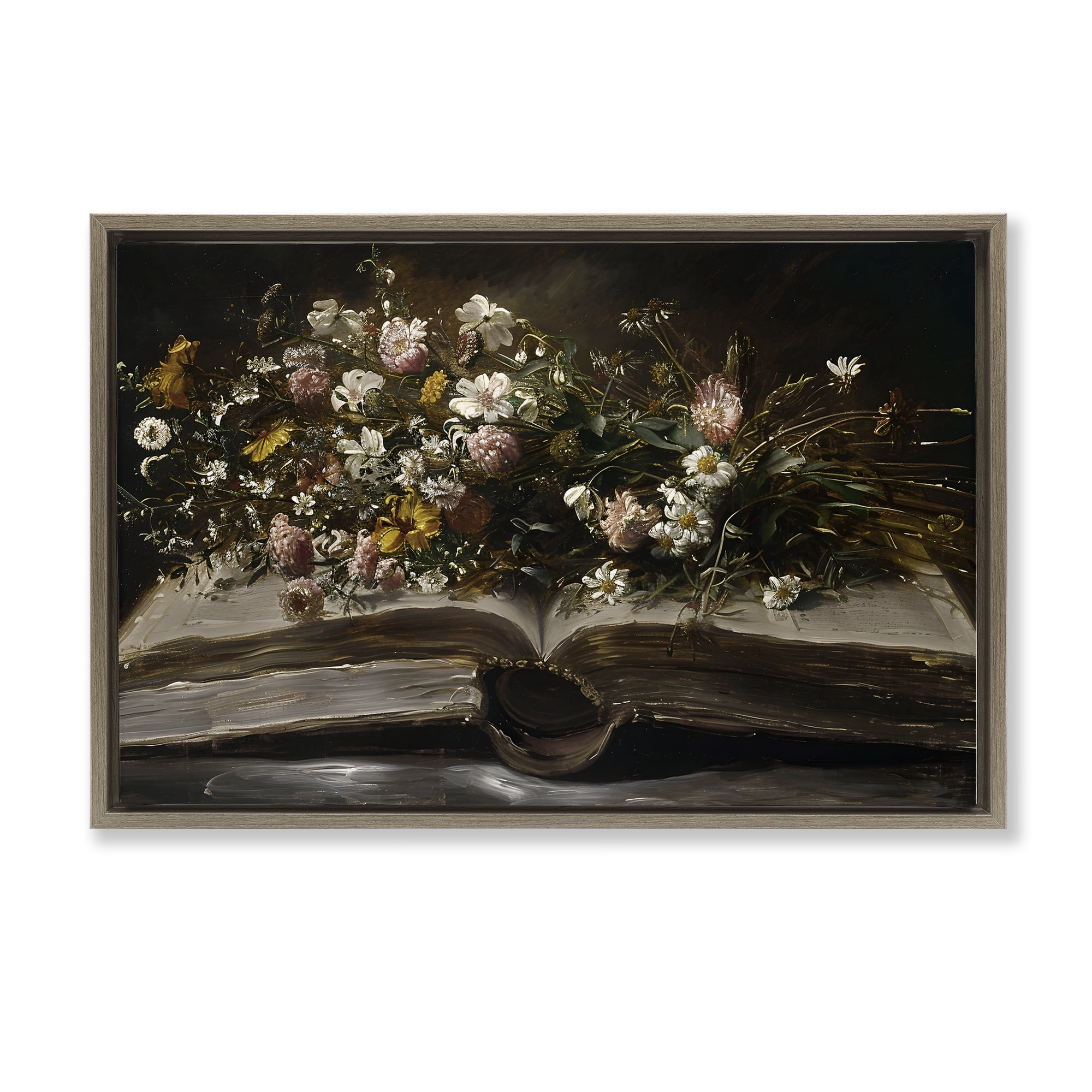 Stupell Industries Antique Floral Open Book Brown Framed Floater Canvas ...