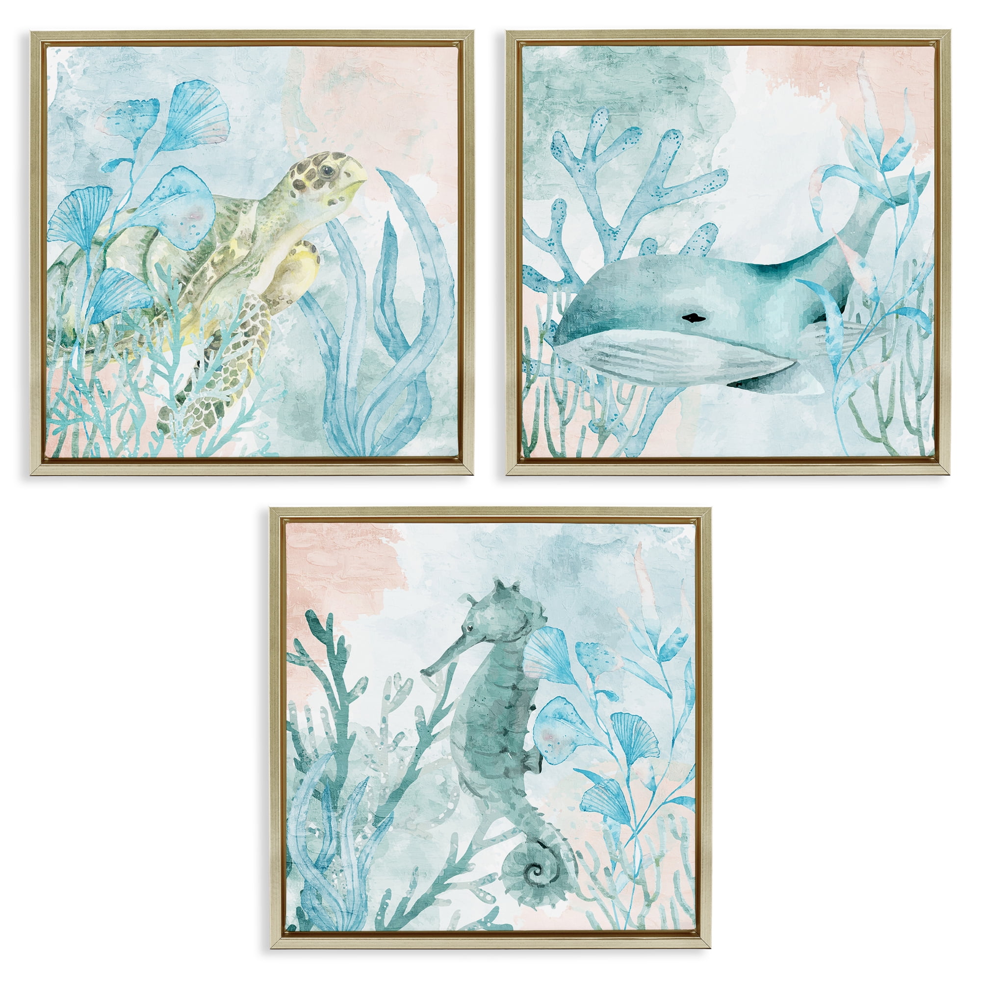 Stupell Industries Aquatic Animals Sea Swim 3 Piece Gold Framed Floater ...