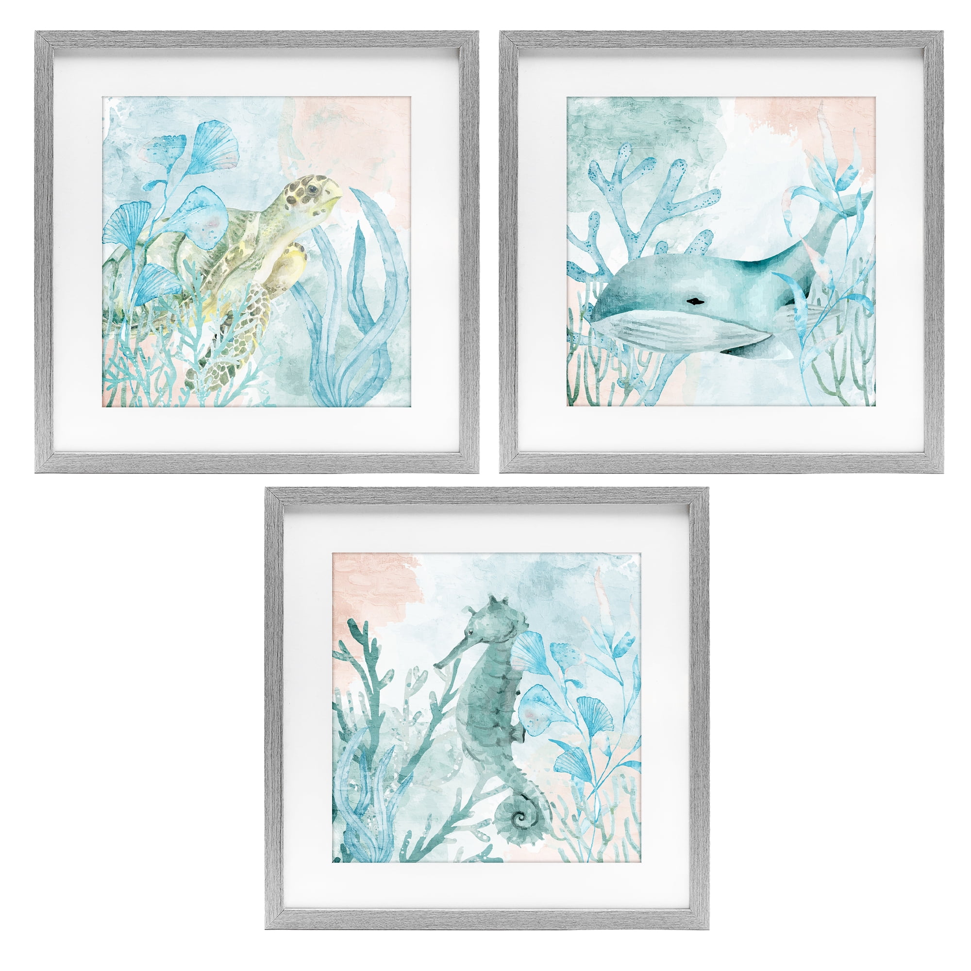 Stupell Industries Aquatic Animals Sea Swim 3 Piece Gray Framed Print ...