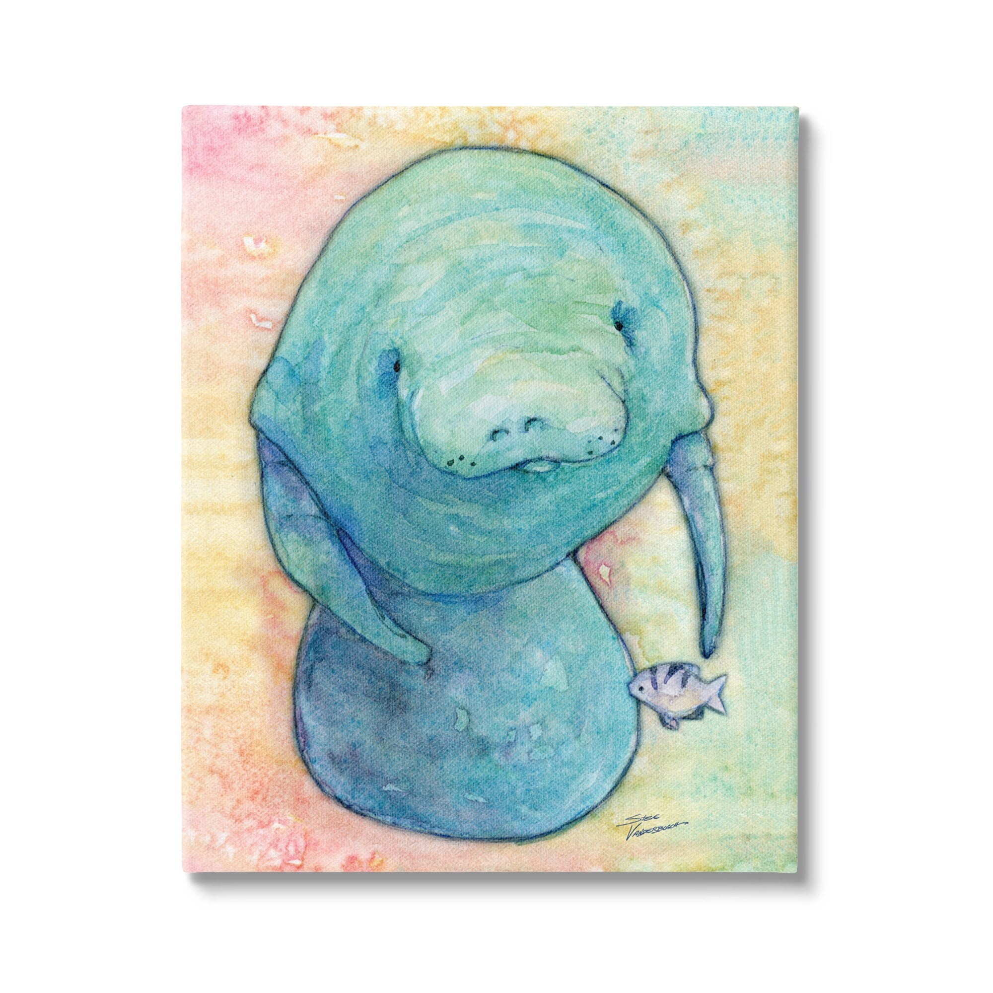 Stupell Industries Aquatic Manatee Among Fish Rainbow Watercolor Detail ...