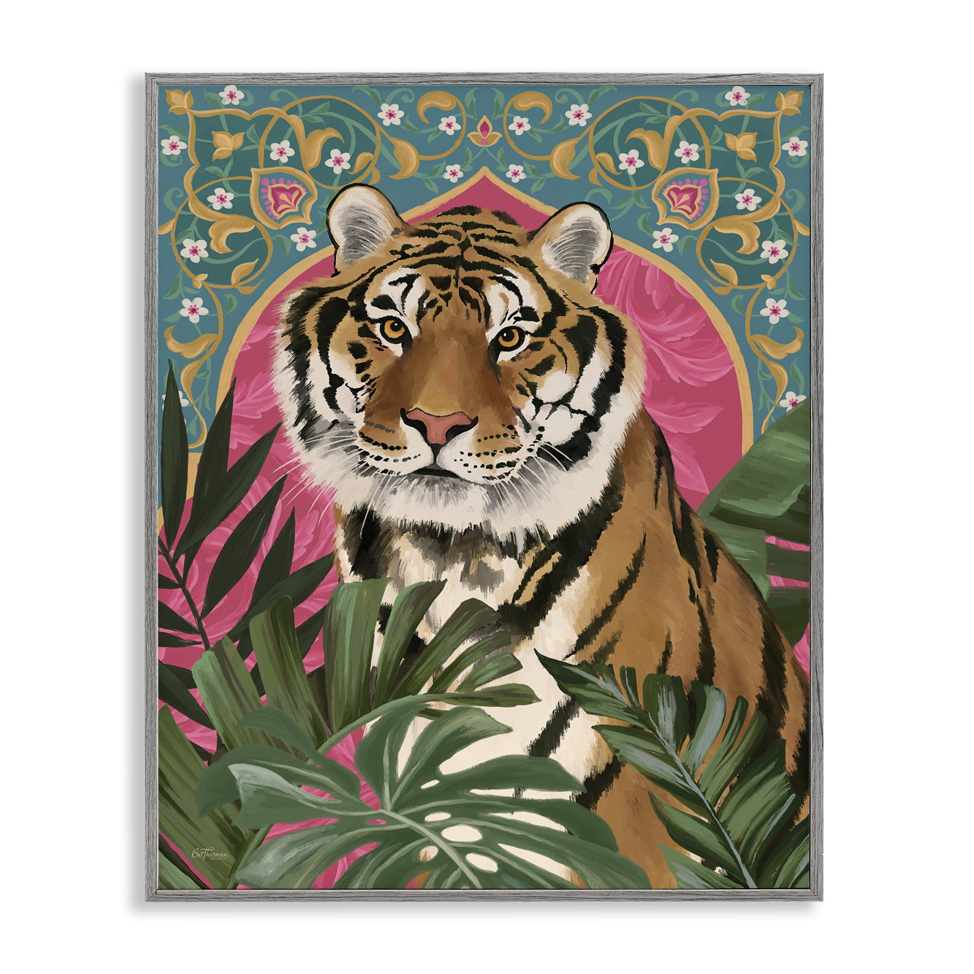 Stupell Industries Arabesque Tiger & Plants Animals Painting Gray ...