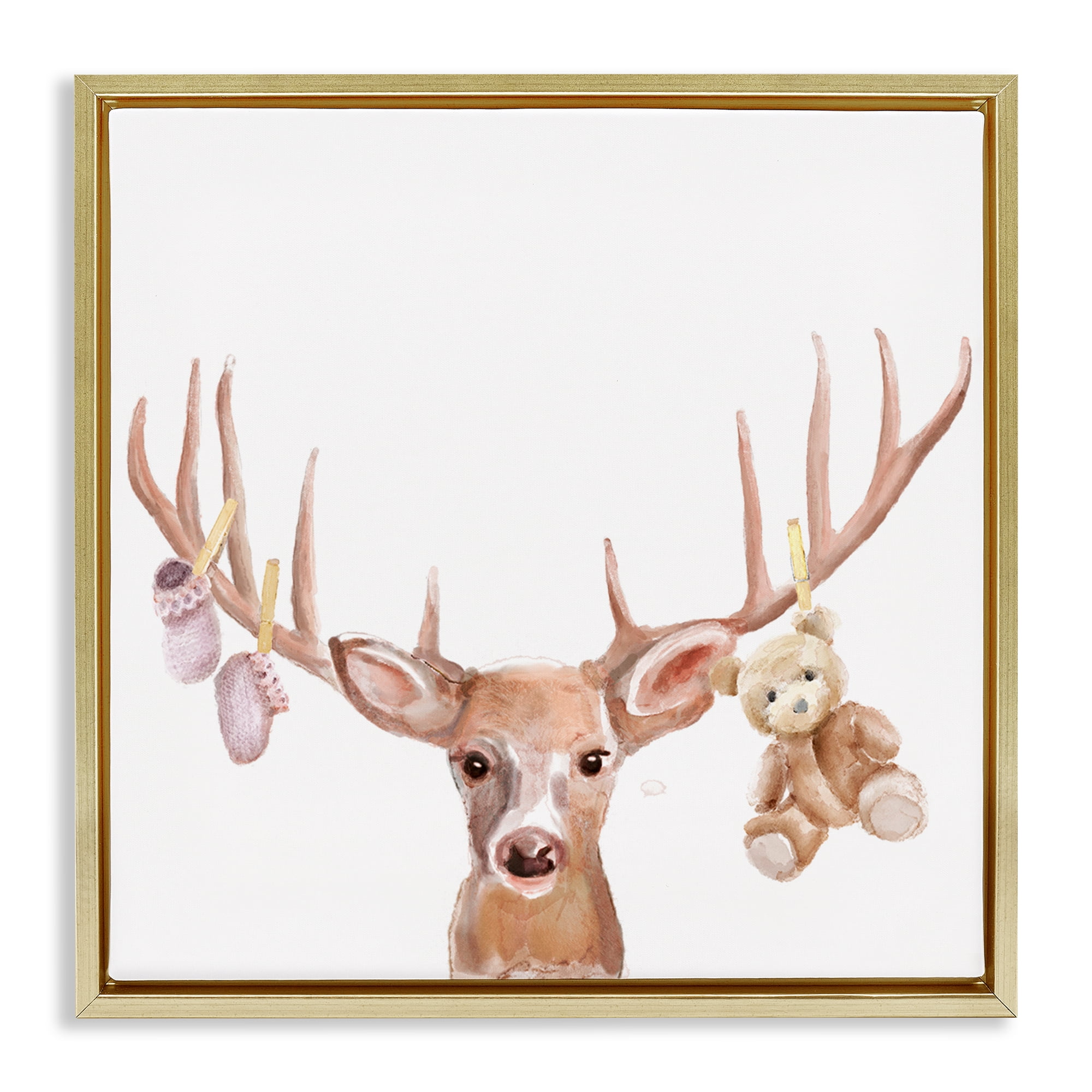 Stupell Industries Baby Girl Deer Antlers Gold Framed Floater Canvas ...