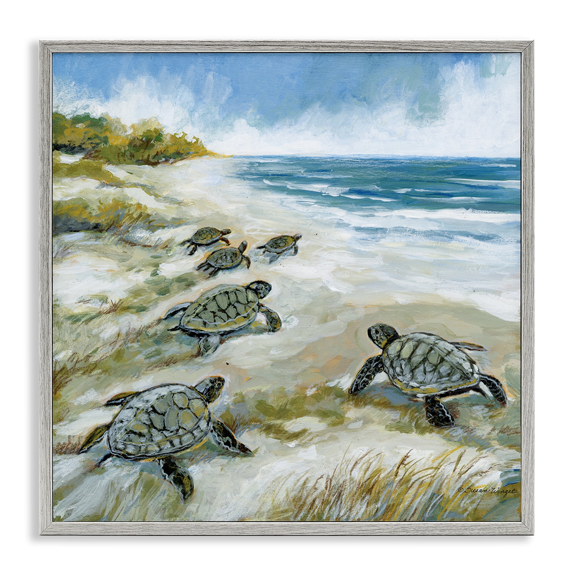Stupell Industries Baby Sea Turtles on Beach Gray Framed Giclee Art ...
