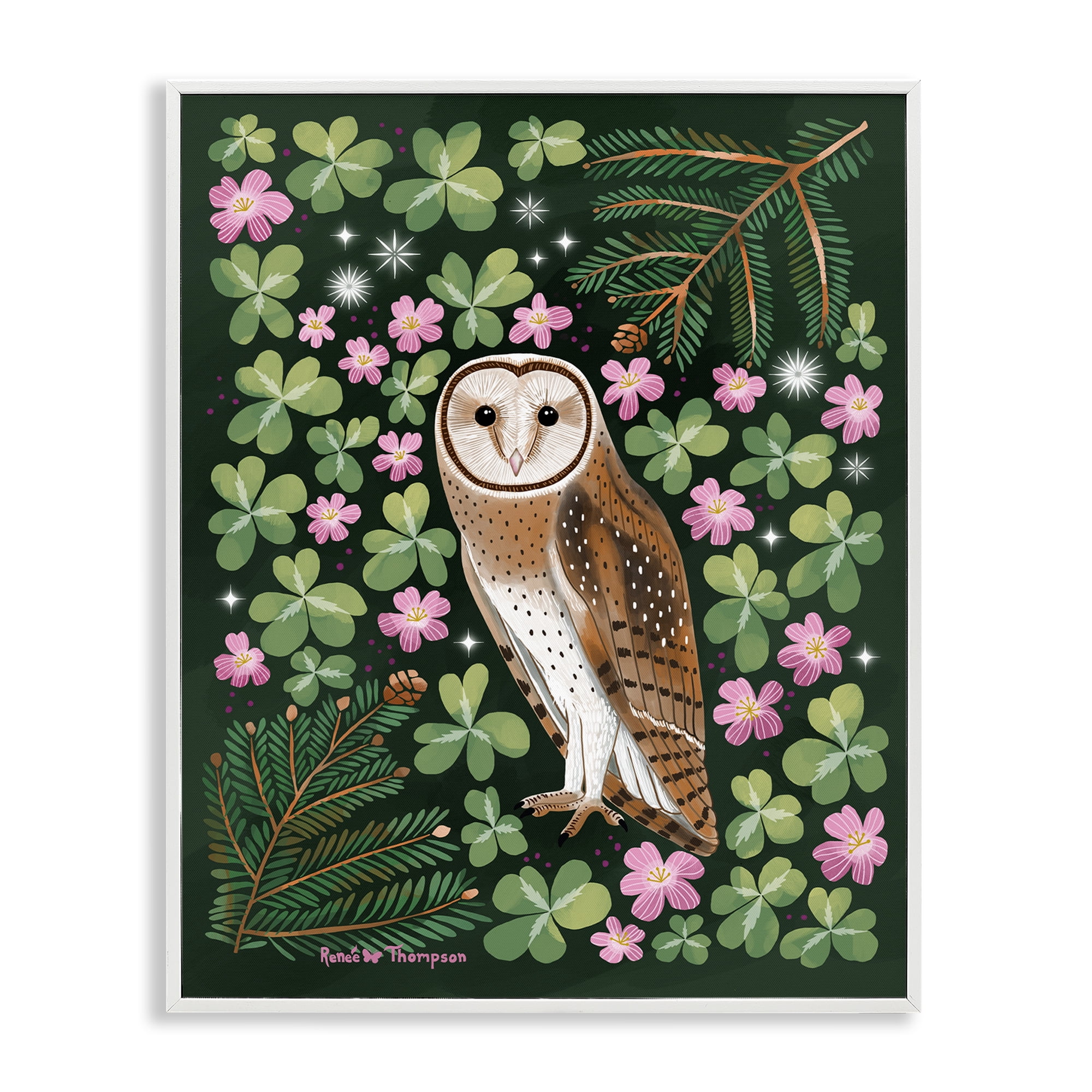 Stupell Industries Barn Owl & Botanicals Animals Painting White Framed ...