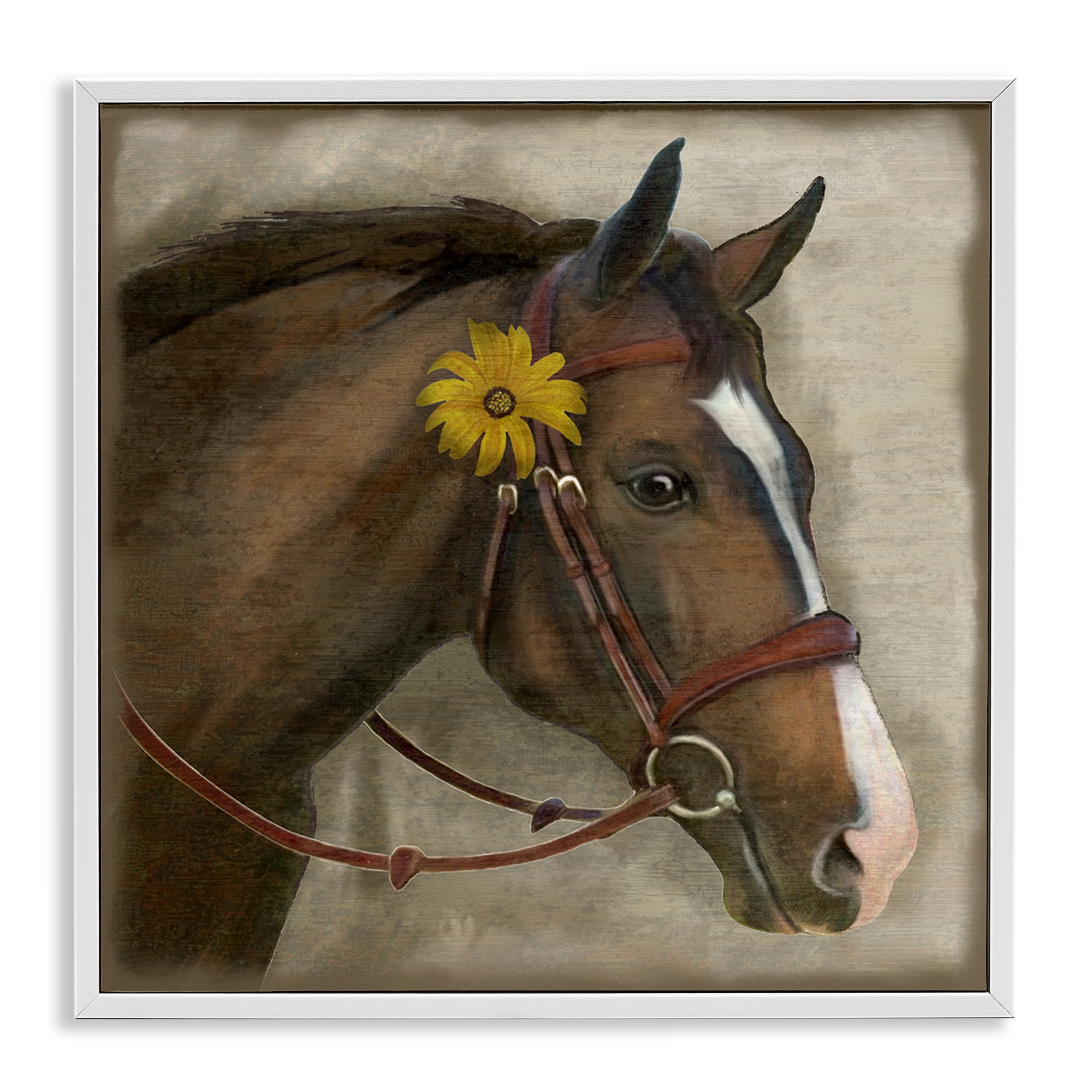 Stupell Industries Barnyard Horse with Daisy White Framed Giclee Art ...