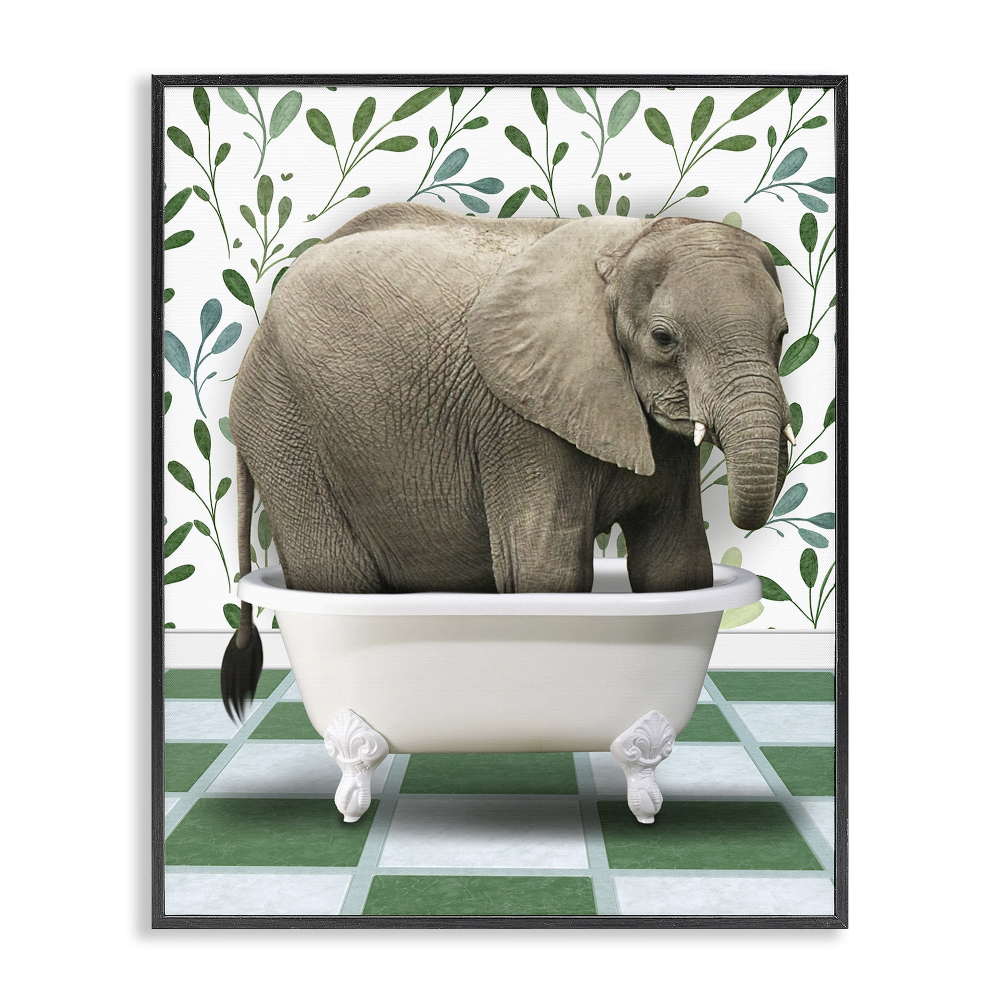 Stupell Industries Bathing Elephant on Green Bath & Laundry Painting ...