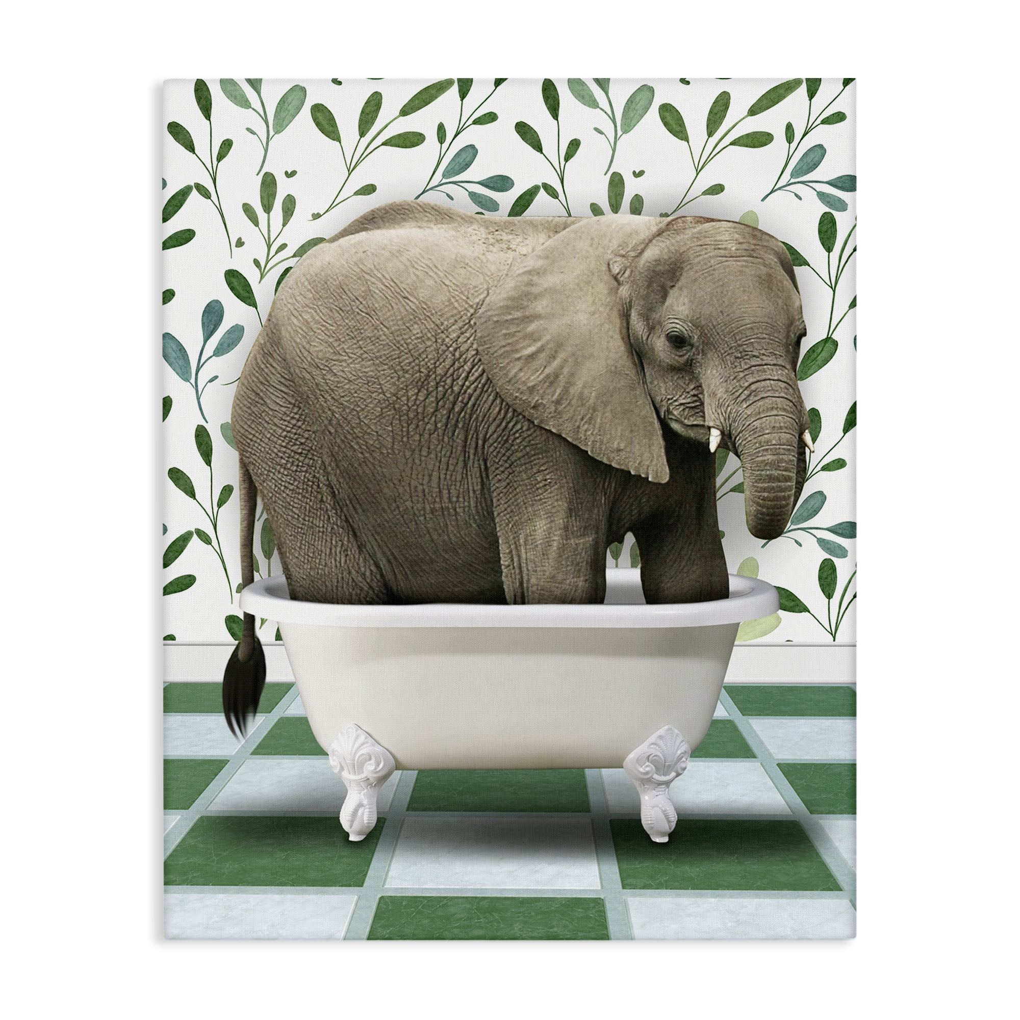 Stupell Industries Bathing Elephant on Green Bath & Laundry Painting ...