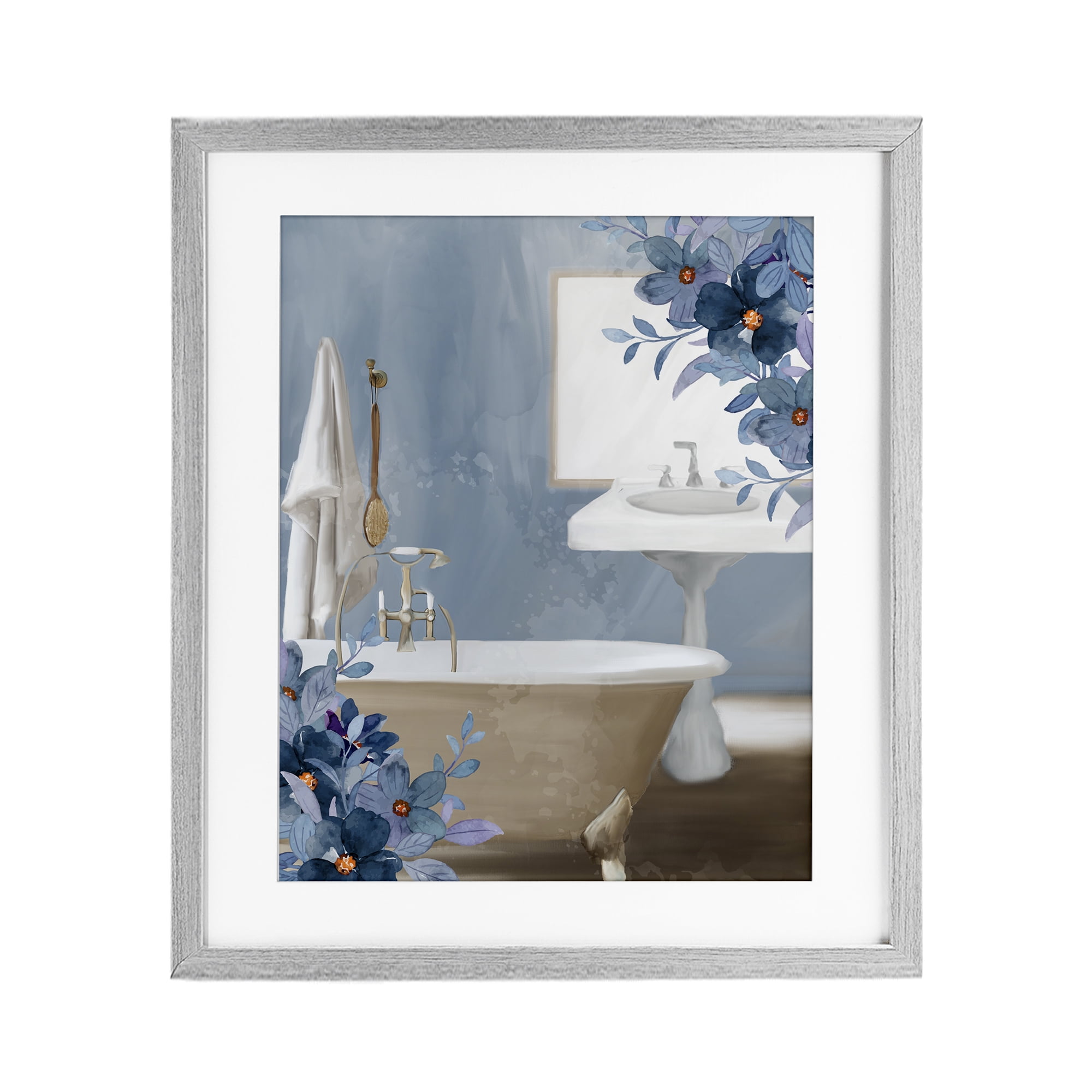 Stupell Industries Bathroom Blues Floral Tub Gray Framed Print Under ...