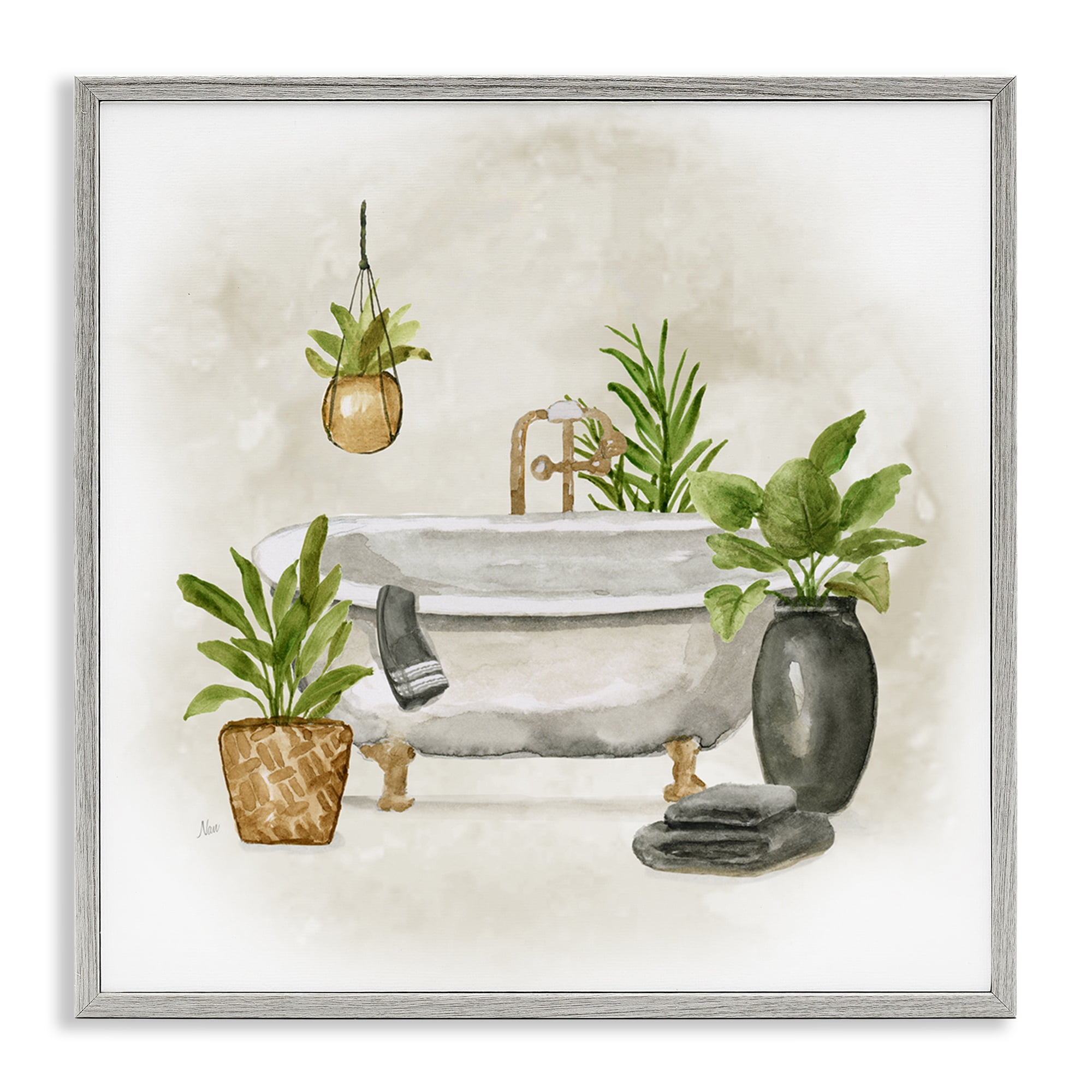 Stupell Industries Bathroom with Plants Bath & Laundry Painting Gray ...