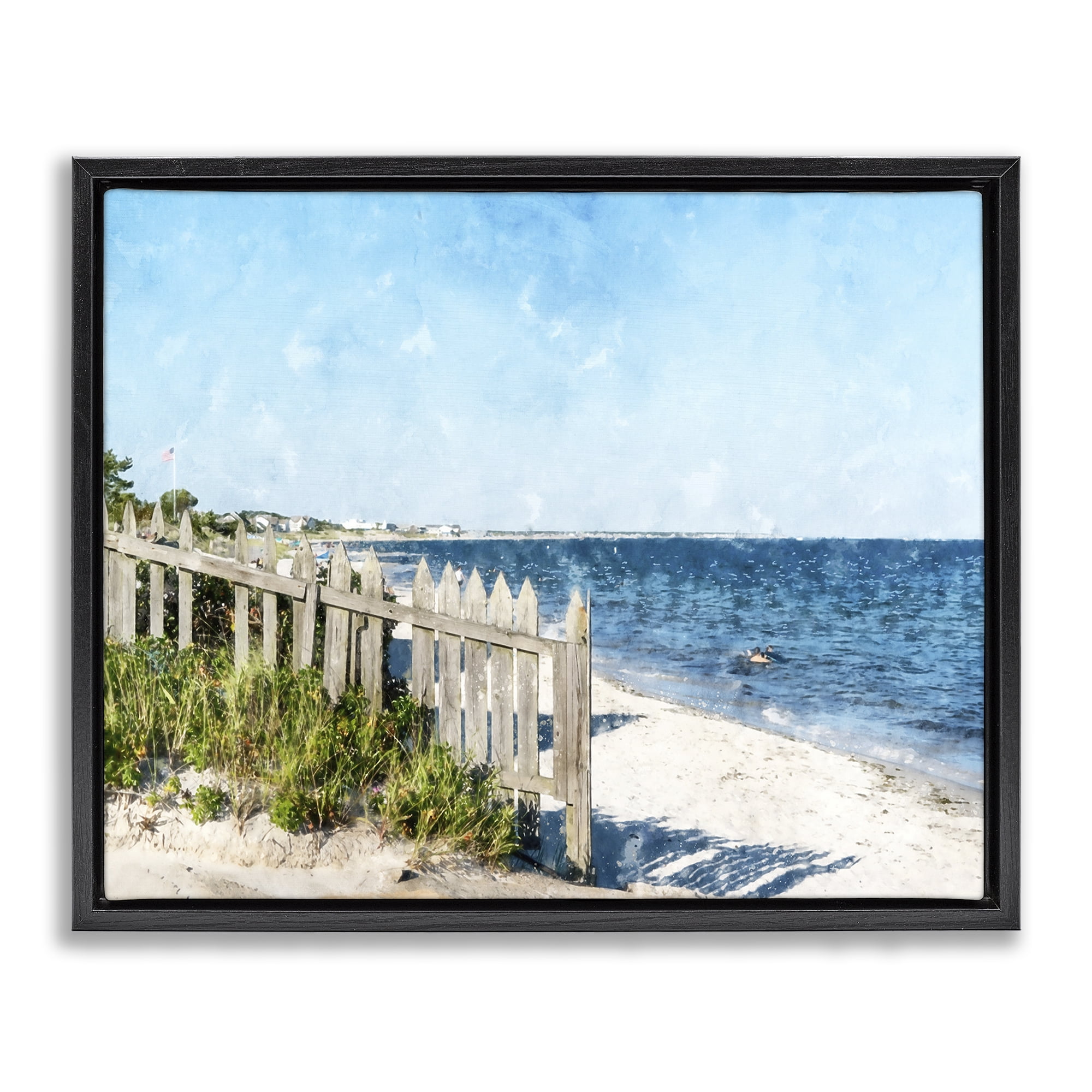 Stupell Industries Beach Pickets View Black Framed Floater Canvas Wall ...