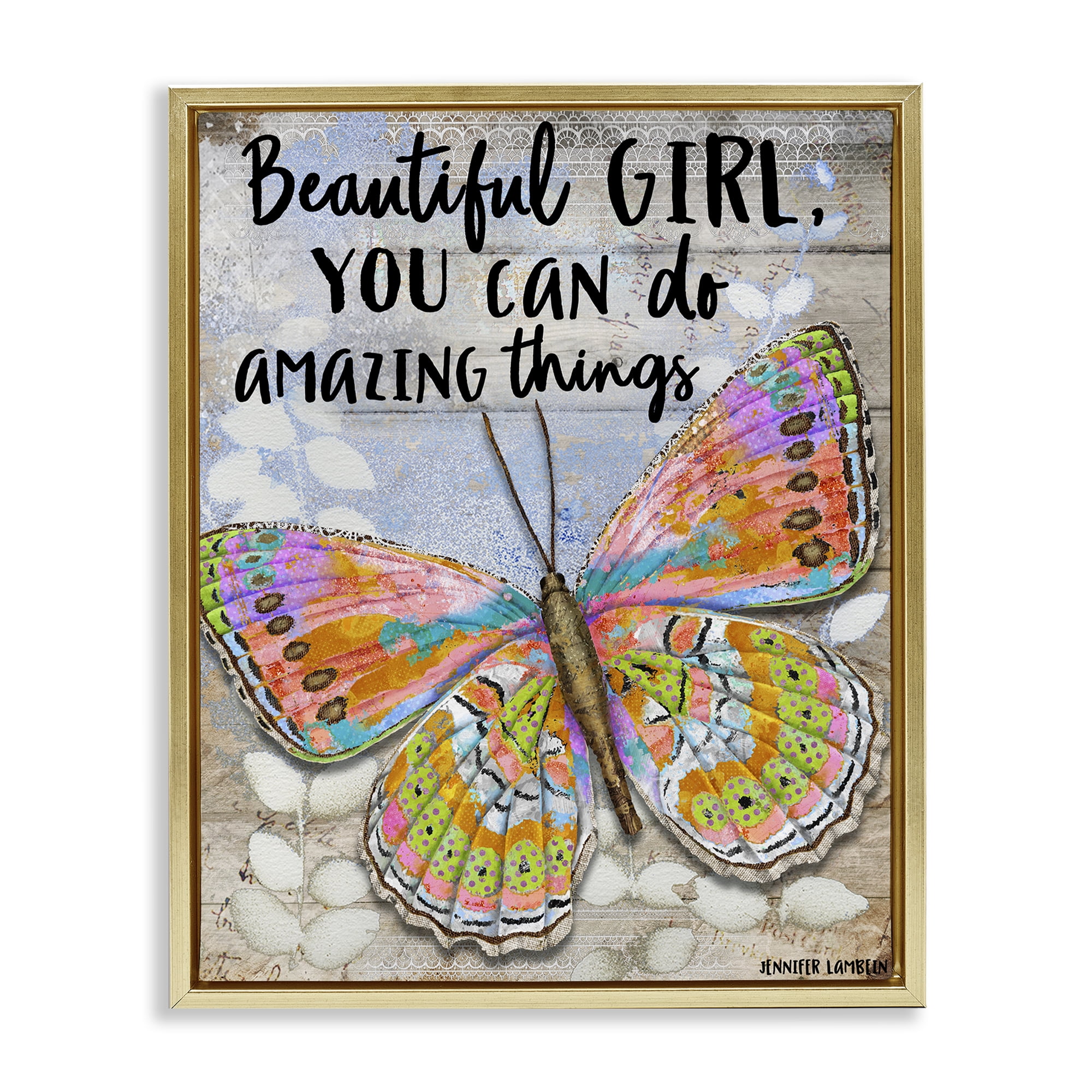 Stupell Industries Beautiful Girl & Butterfly Animals Painting Gold ...