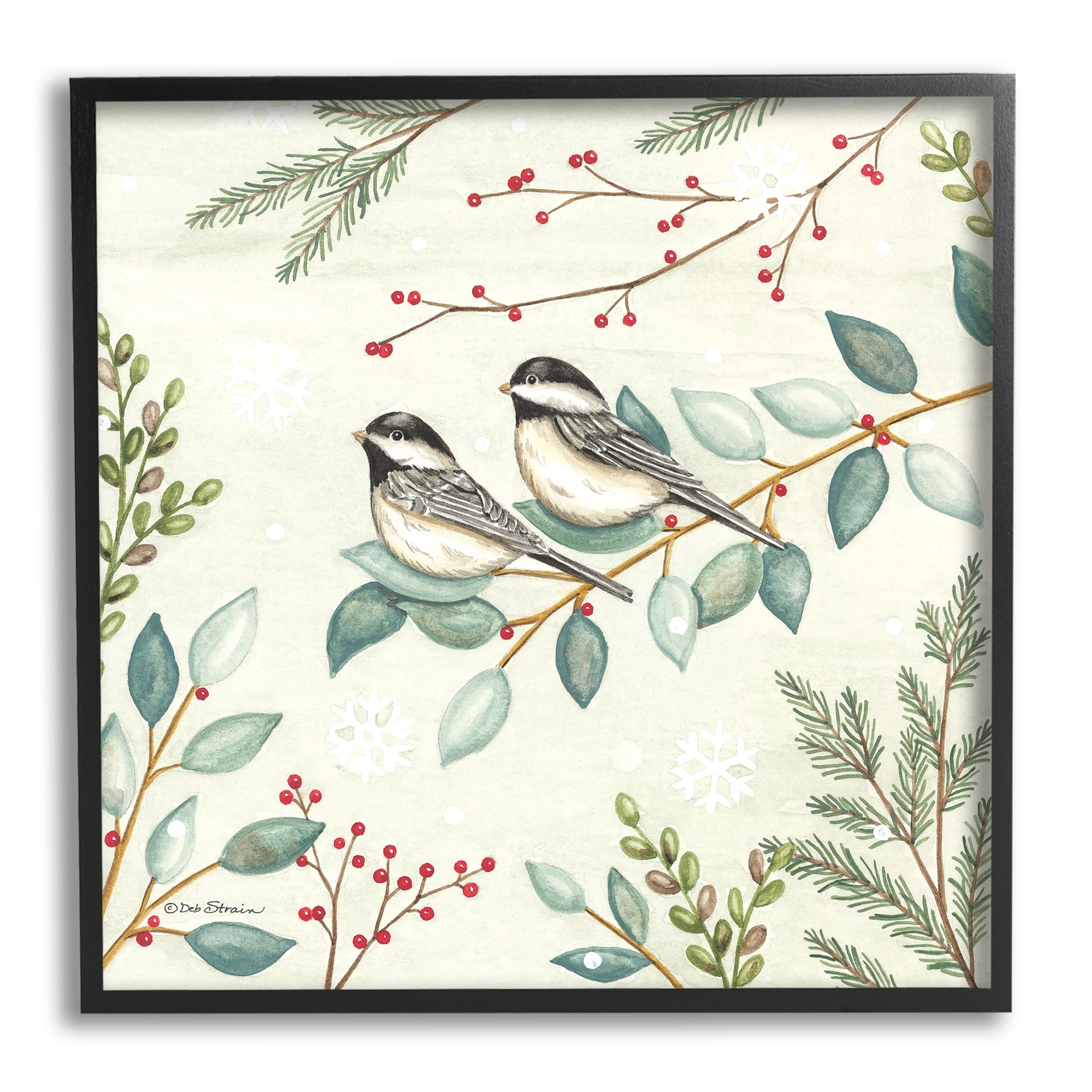 Stupell Industries Birds on Holiday Branches Holiday Painting Black ...