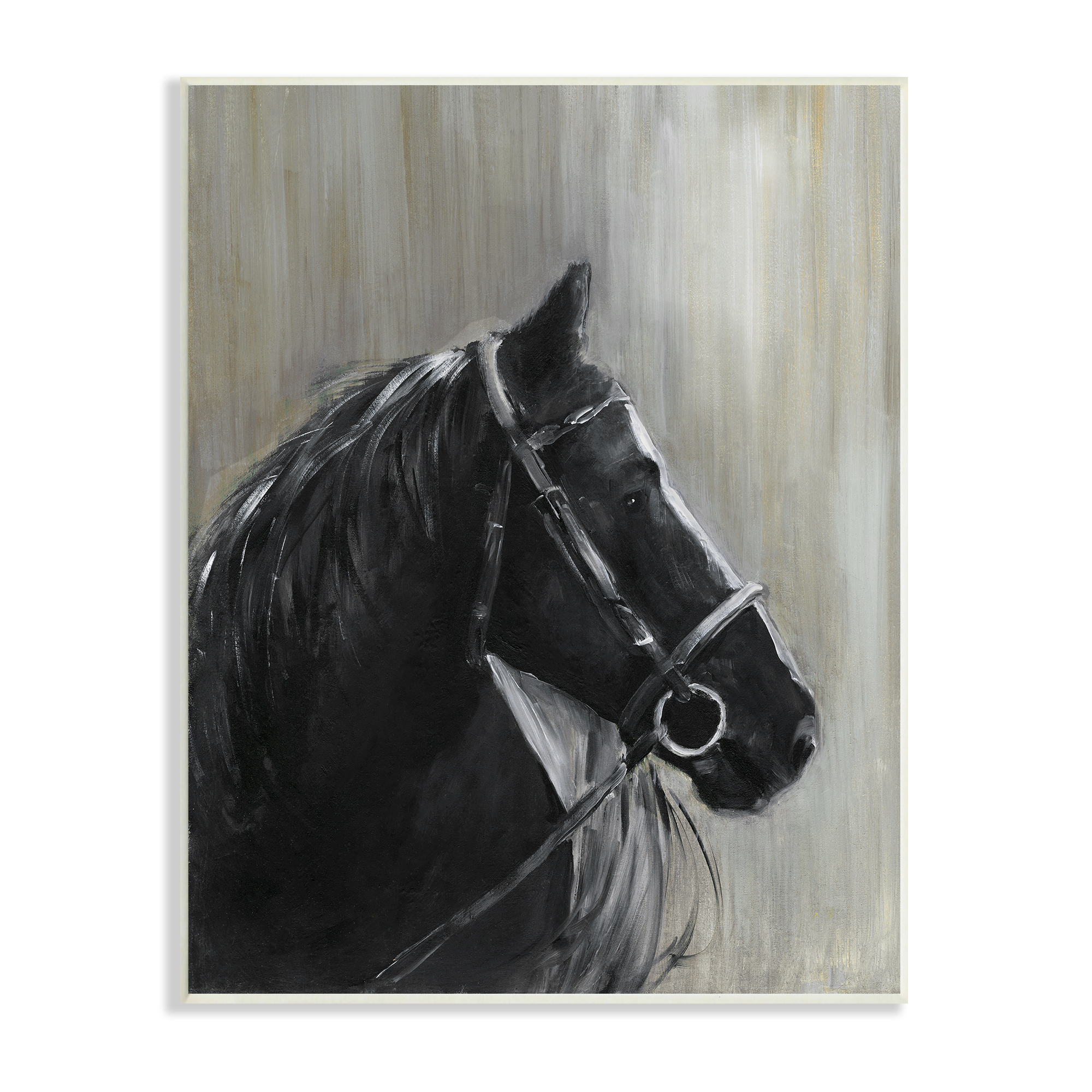 Stupell Industries Black Horse in Bridle Solemn Equestrian Portrait ...
