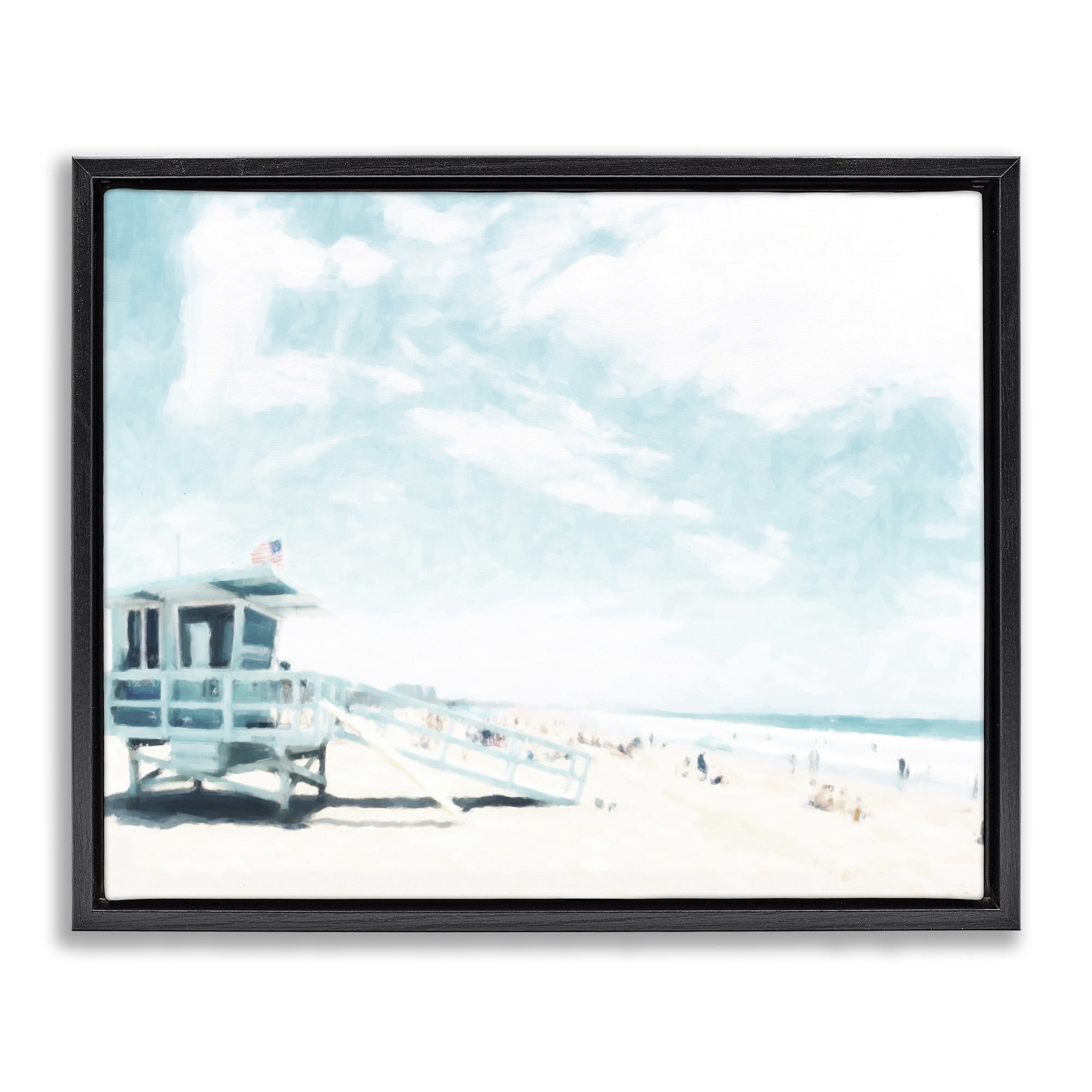 Stupell Industries Blue Beach Station Black Framed Floater Canvas Wall ...