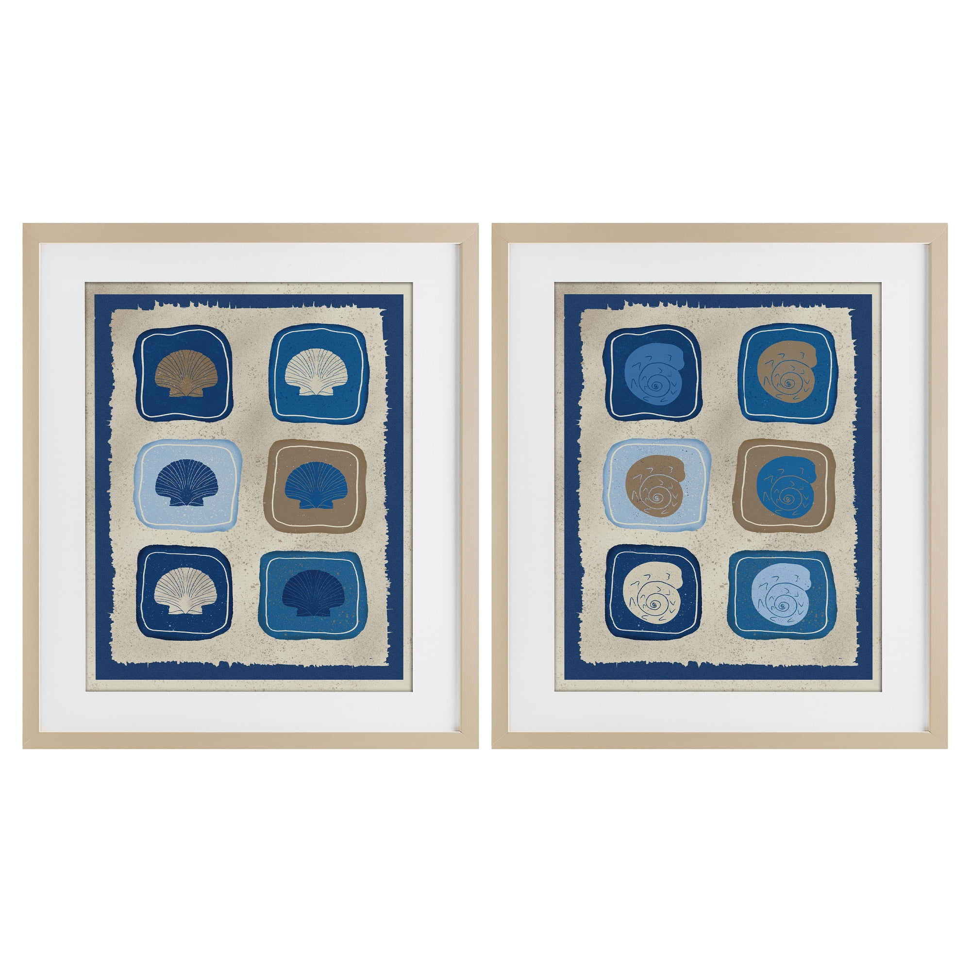 Stupell Industries Blue Blocked Seashells 2 Piece Birch Framed Print ...