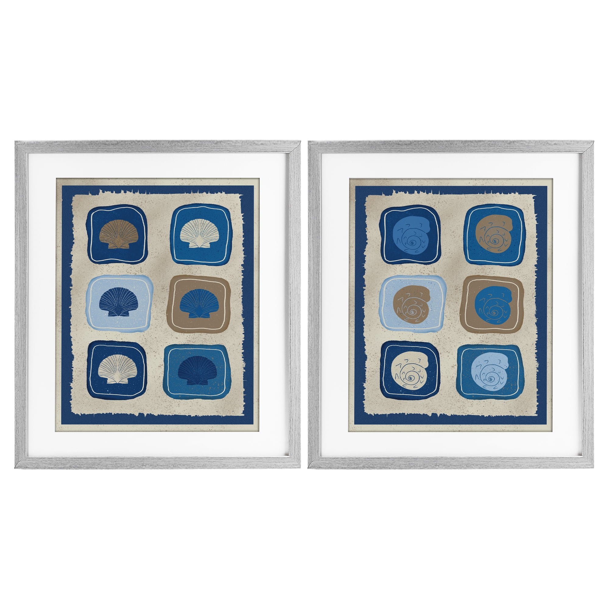 Stupell Industries Blue Blocked Seashells 2 Piece Gray Framed Print ...