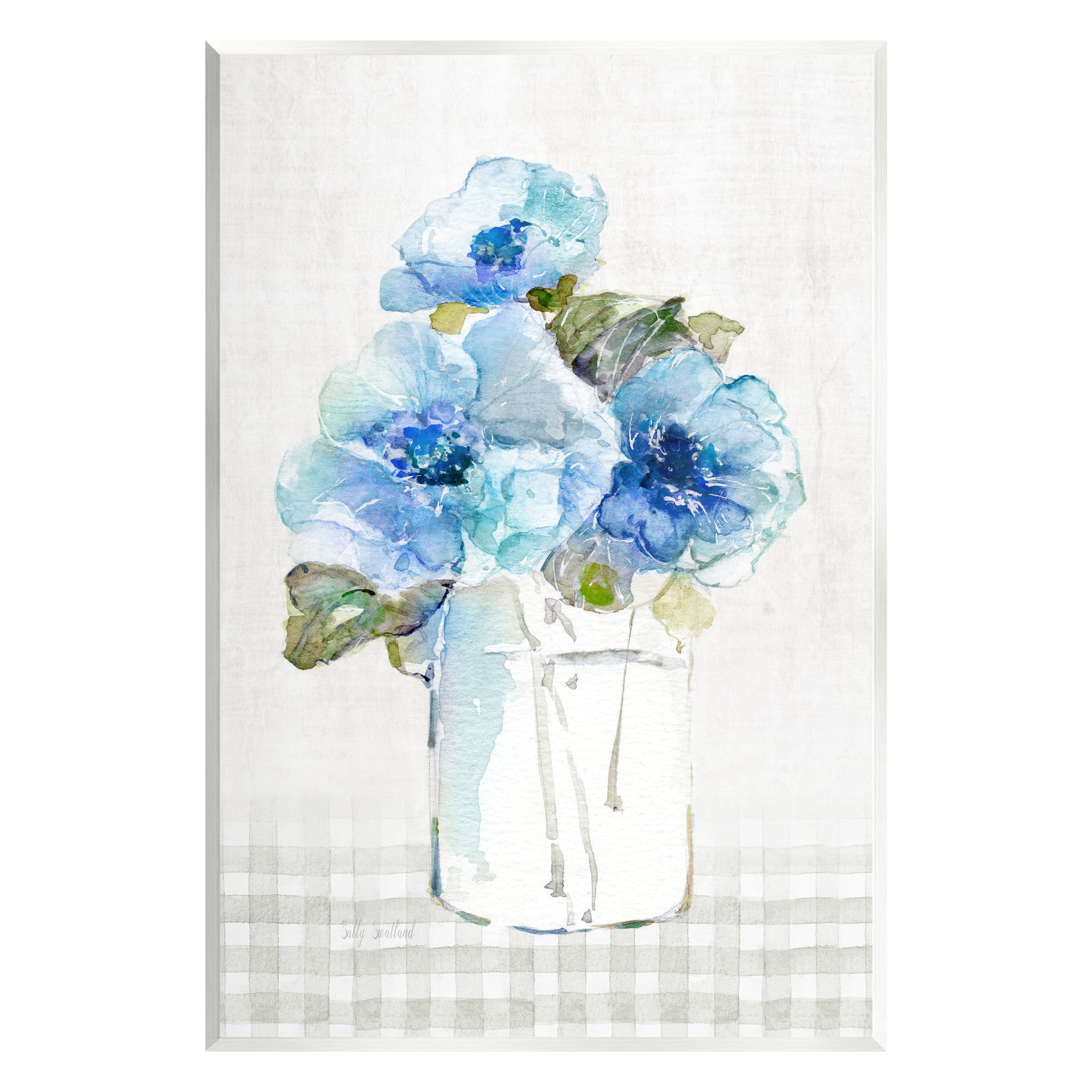 Stupell Industries Blue Flowers on Tartan Botanical & Floral Painting ...