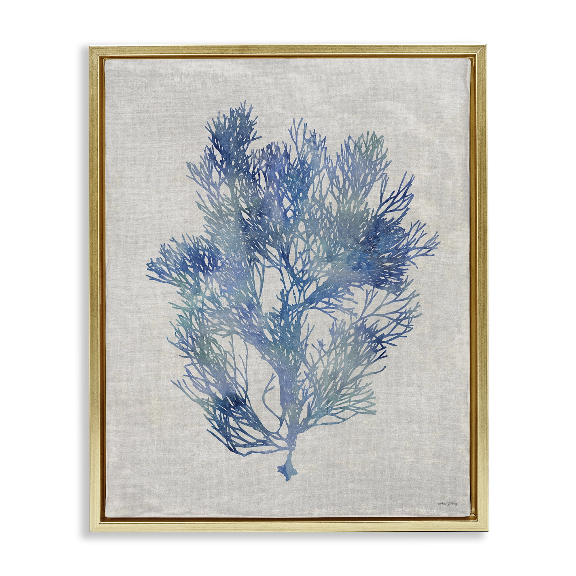 Stupell Industries Blue Seaweed Bushel Gold Framed Floater Canvas Wall ...