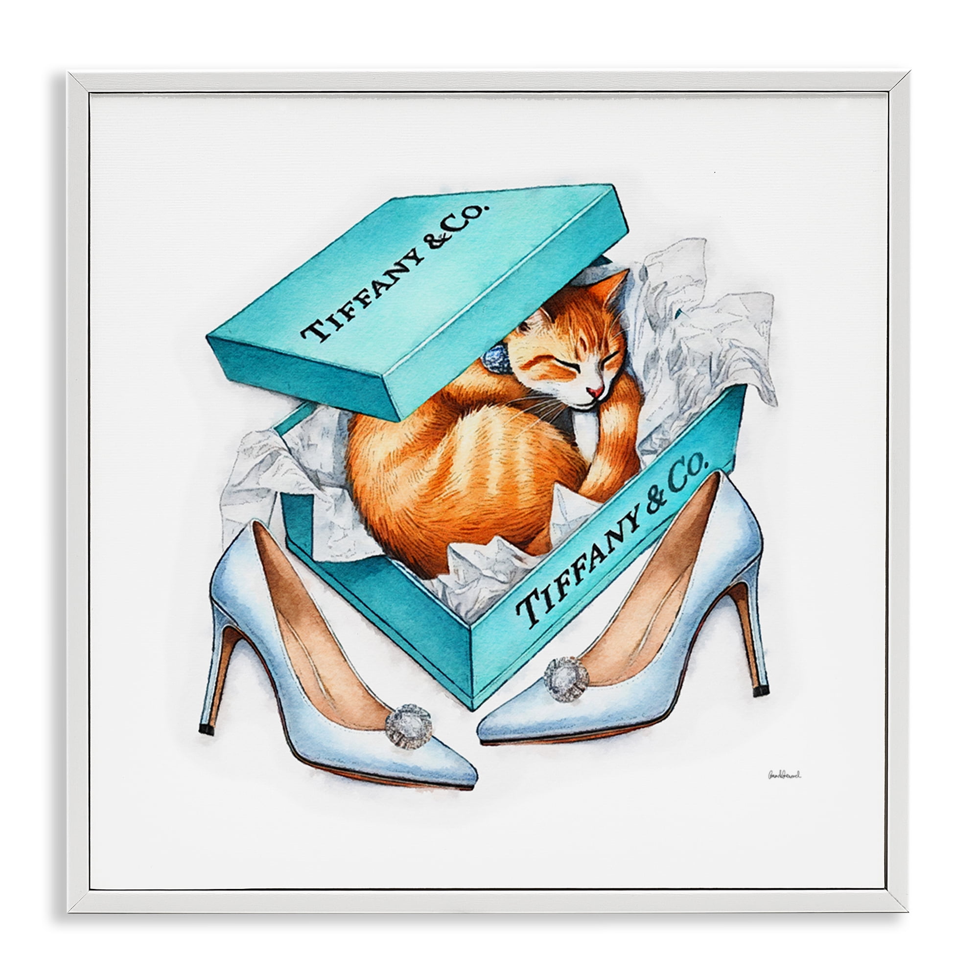 Stupell Industries Blue Shoebox with Cat Animals Painting White Framed ...