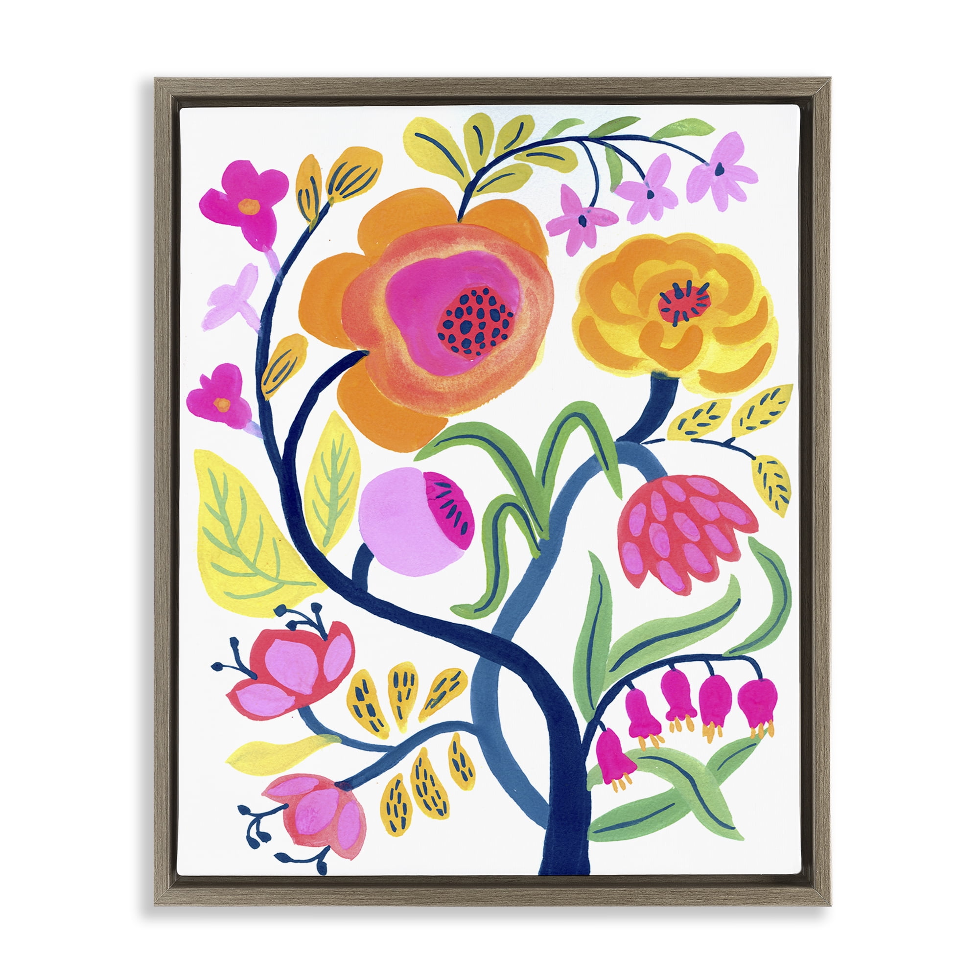 Stupell Industries Blue Tree with Warm Flowers Brown Framed Floater ...
