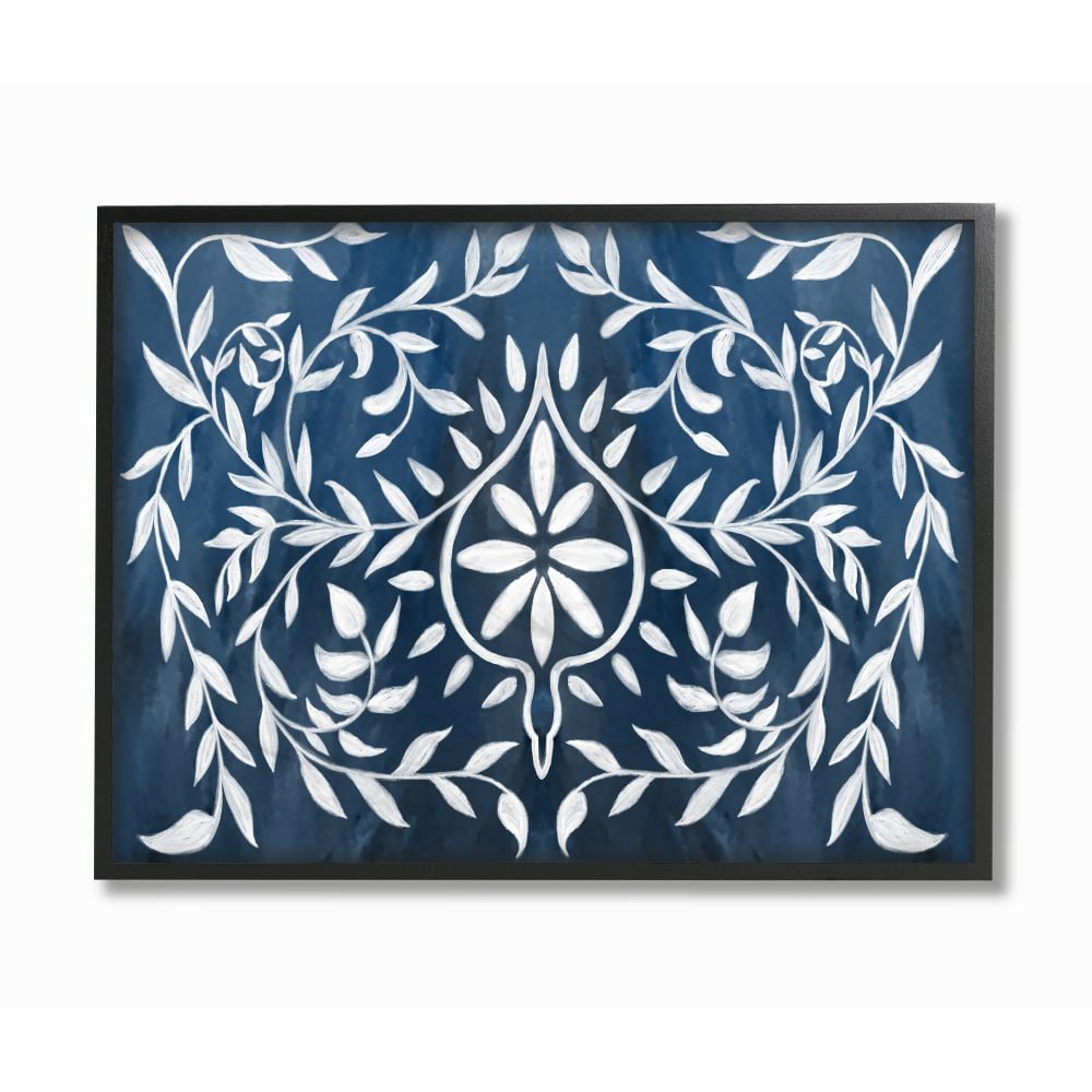 Stupell Industries Blue White Leaf Gilding Pattern Painting Framed Wall ...