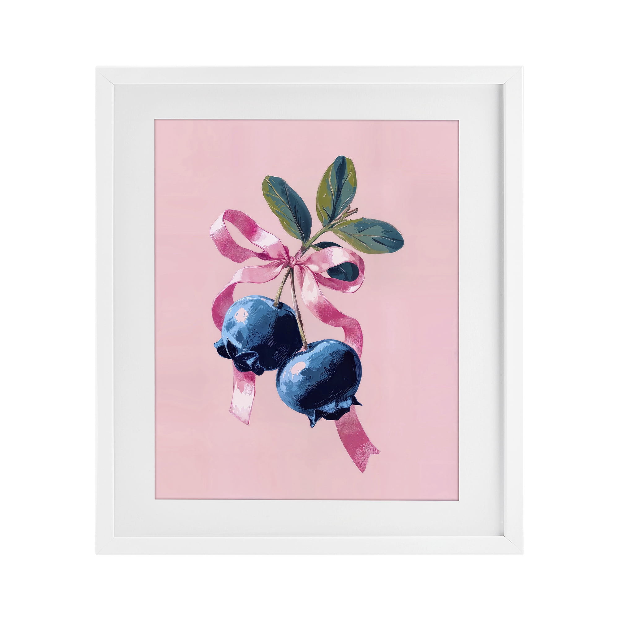Stupell Industries Blueberry Branch with Pink Bow White Framed Print ...