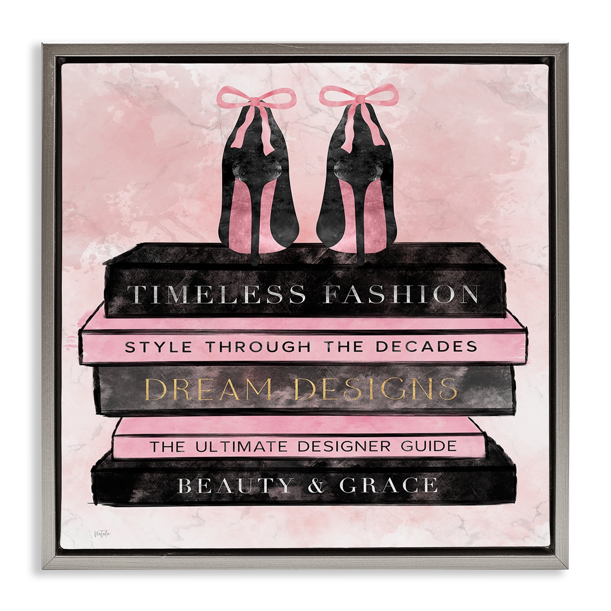 Stupell Industries Blush Fashion Book Stack Gray Framed Floater Canvas ...