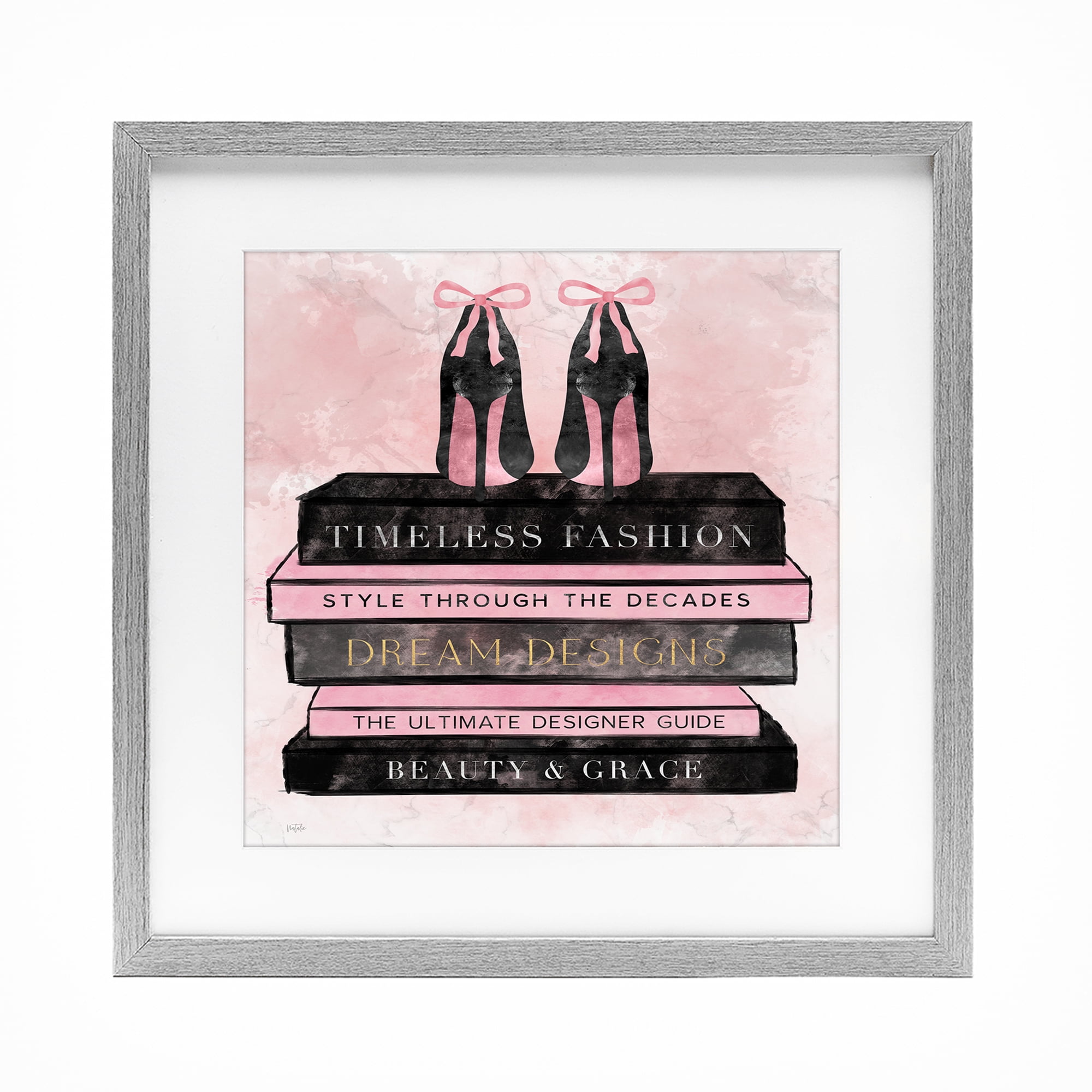 Stupell Industries Blush Fashion Book Stack Gray Framed Print Under ...