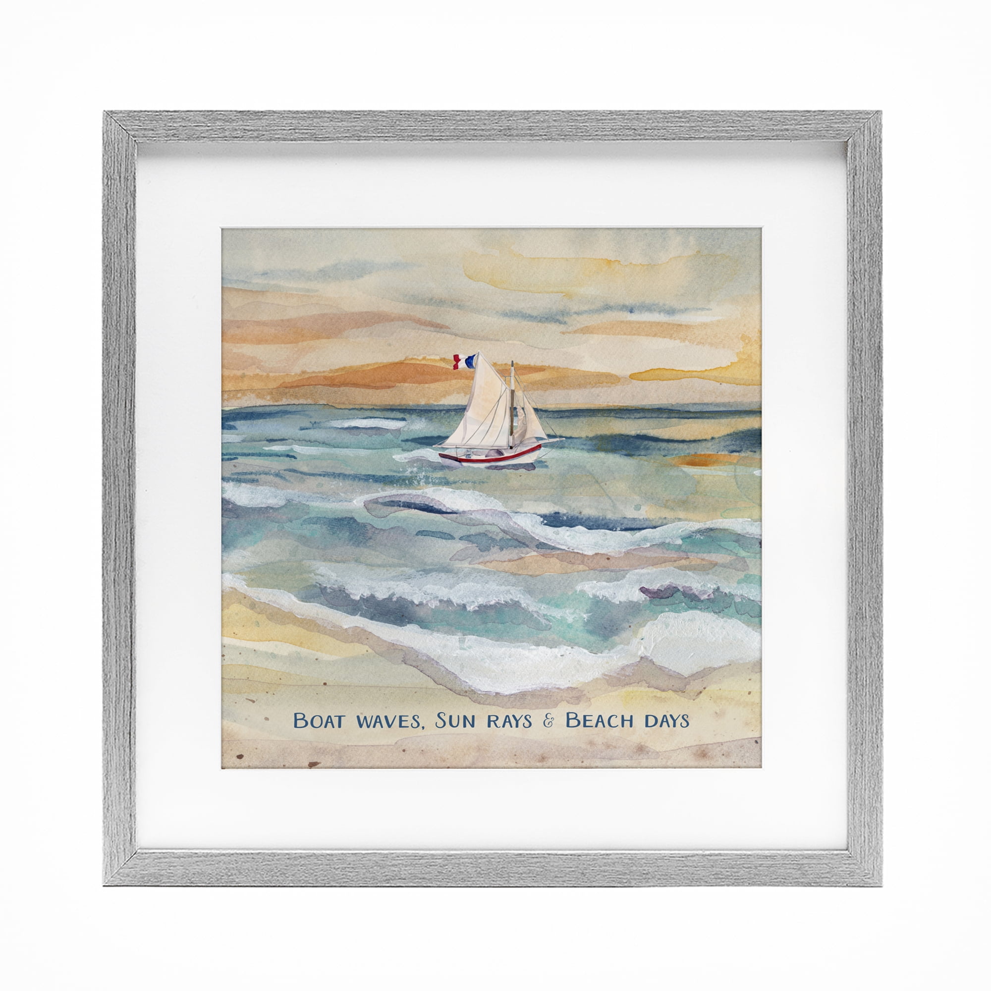 Stupell Industries Boat Waves Sun Rays Beach Days Gray Framed Print ...
