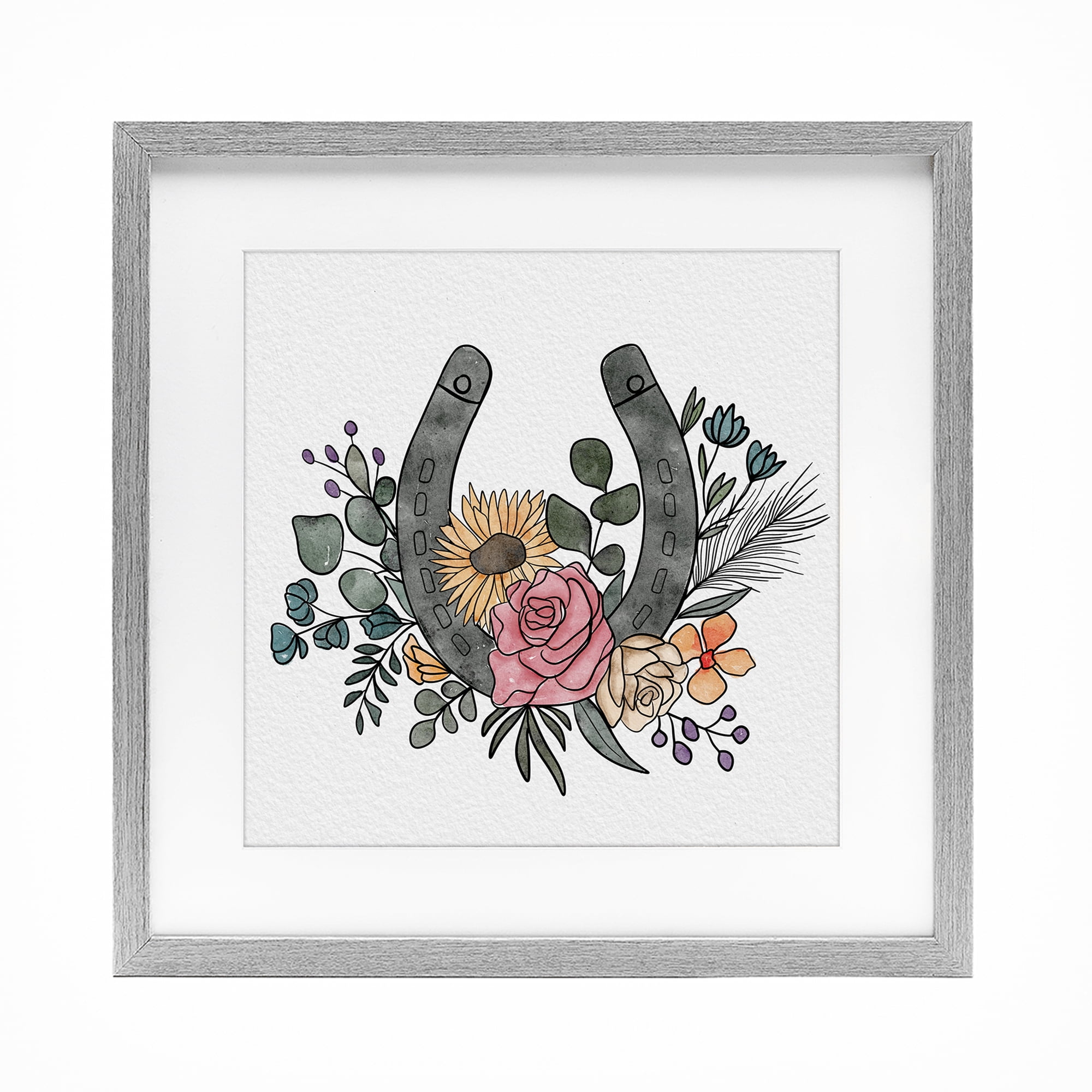 Stupell Industries Boho Floral Horseshoe Gray Framed Print Under Glass ...
