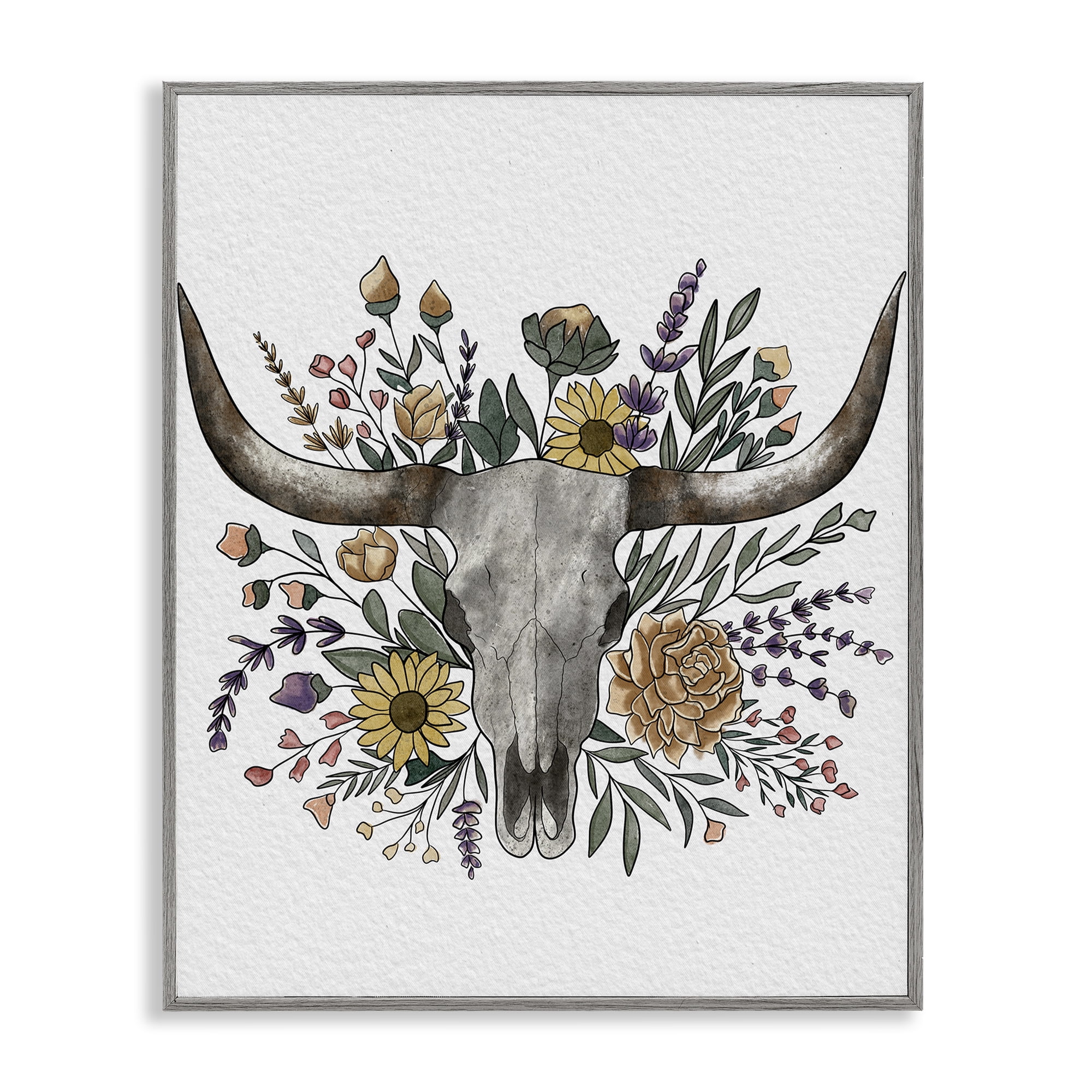 Stupell Industries Boho Wildflower Longhorn Gray Framed Giclee Art ...