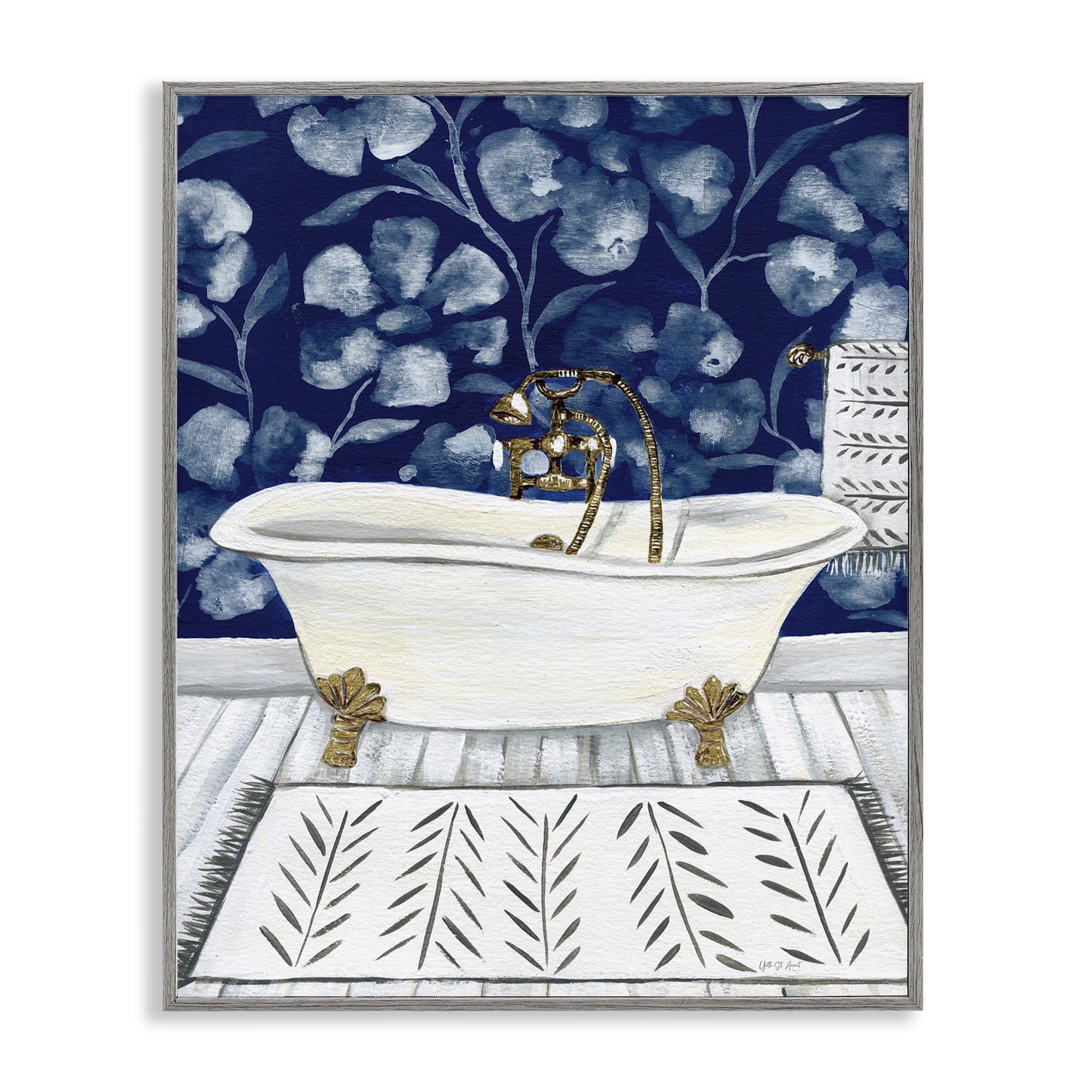 Stupell Industries Bold Blue Bathtub Typography Painting Gray Framed ...