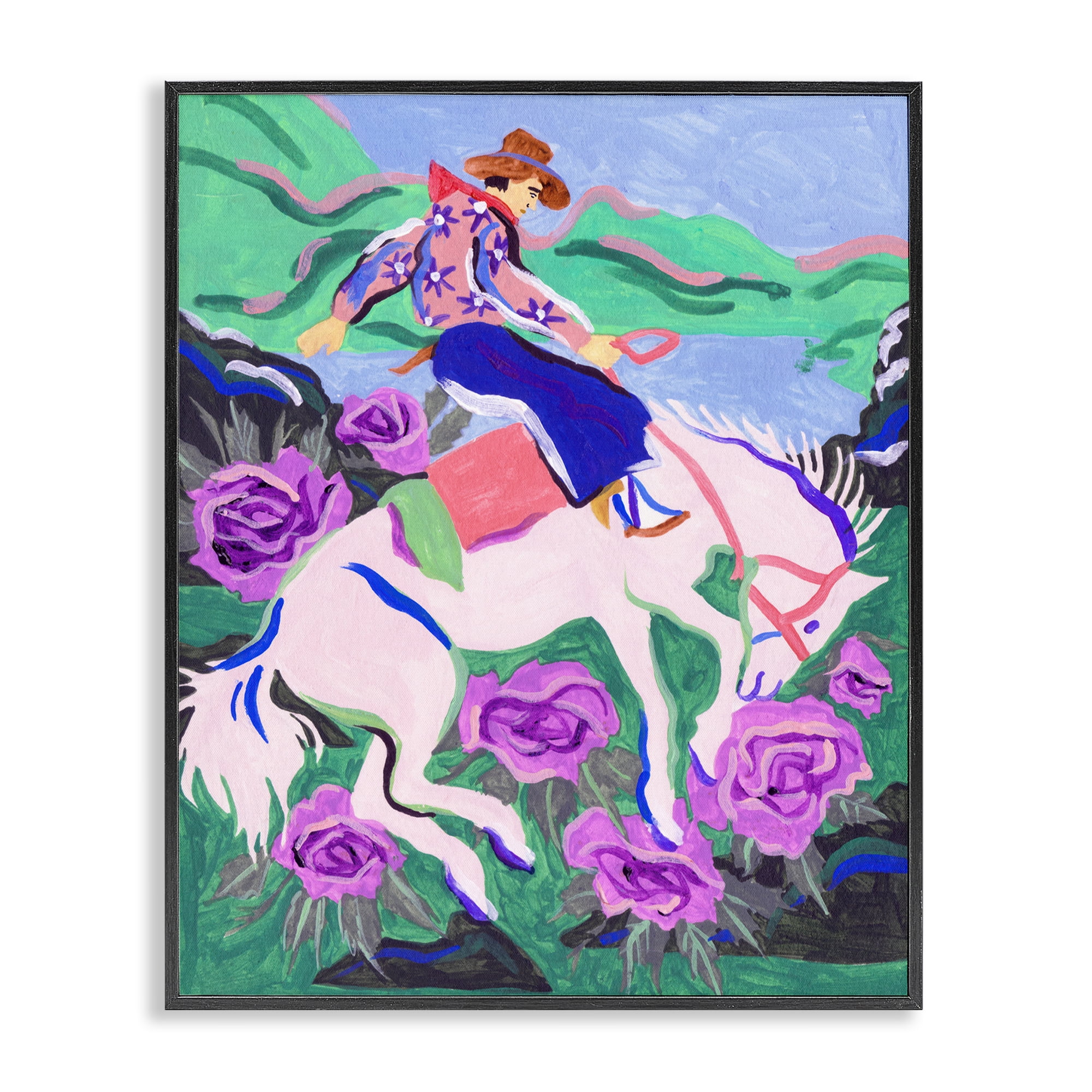 Stupell Industries Bold Hued Cowboy & Horse Animals Painting Black ...