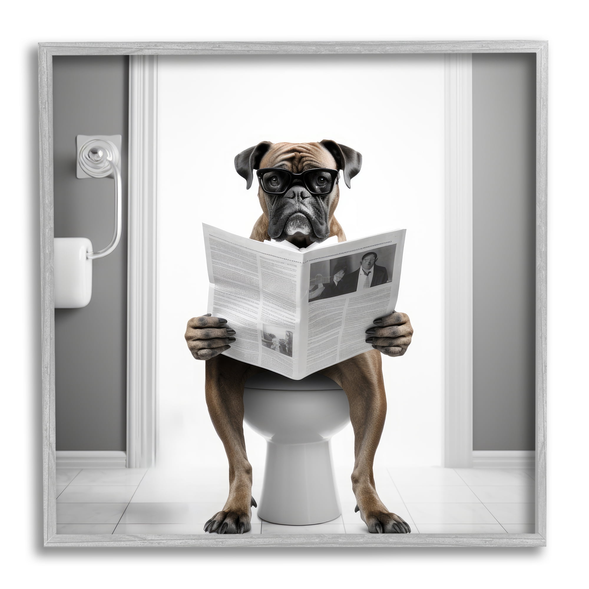 Stupell Industries Boxer Dog Newspaper Art Gray Framed Wall Decor 12 x ...