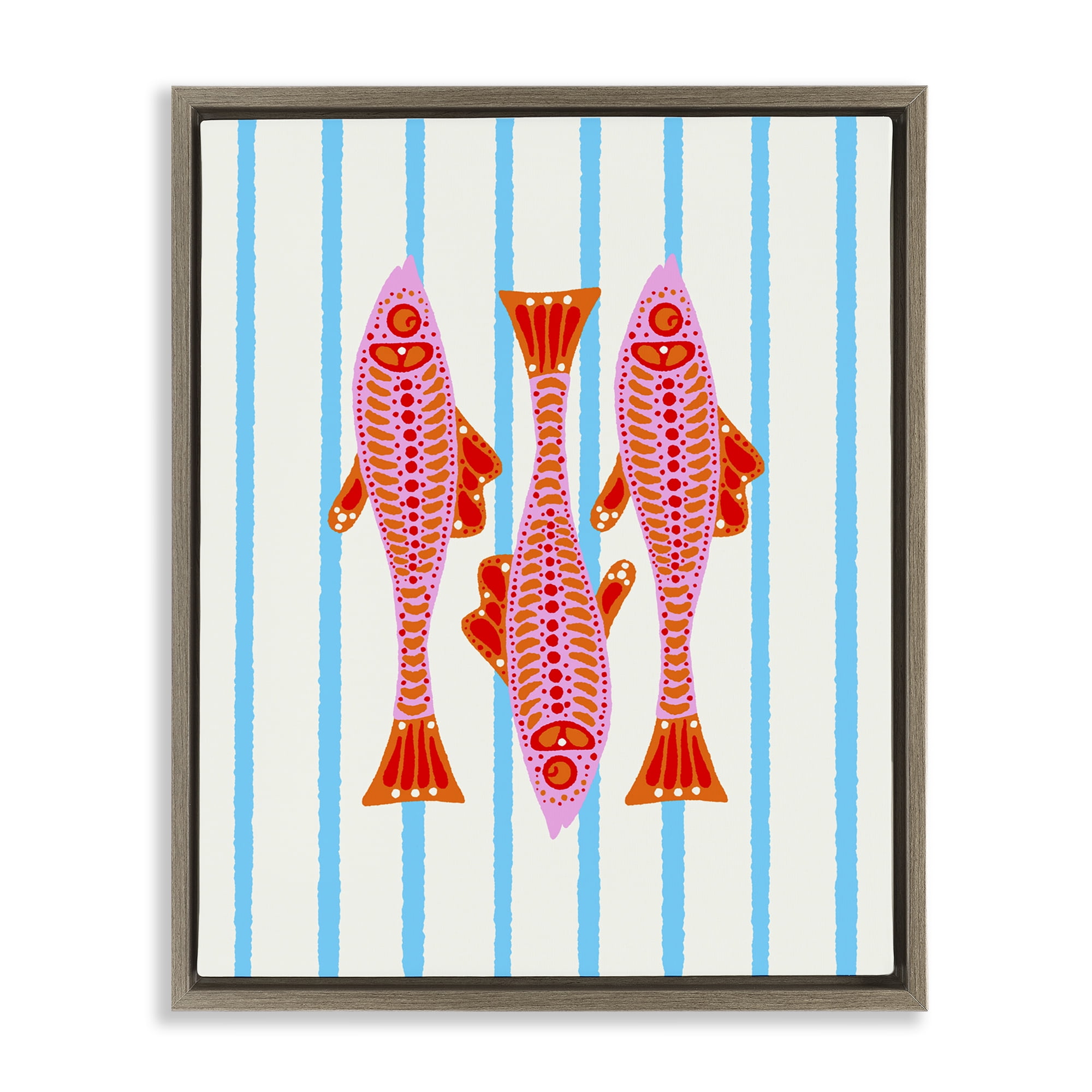 Stupell Industries Bright Aquatic Fish on Stripes Brown Framed Floater ...