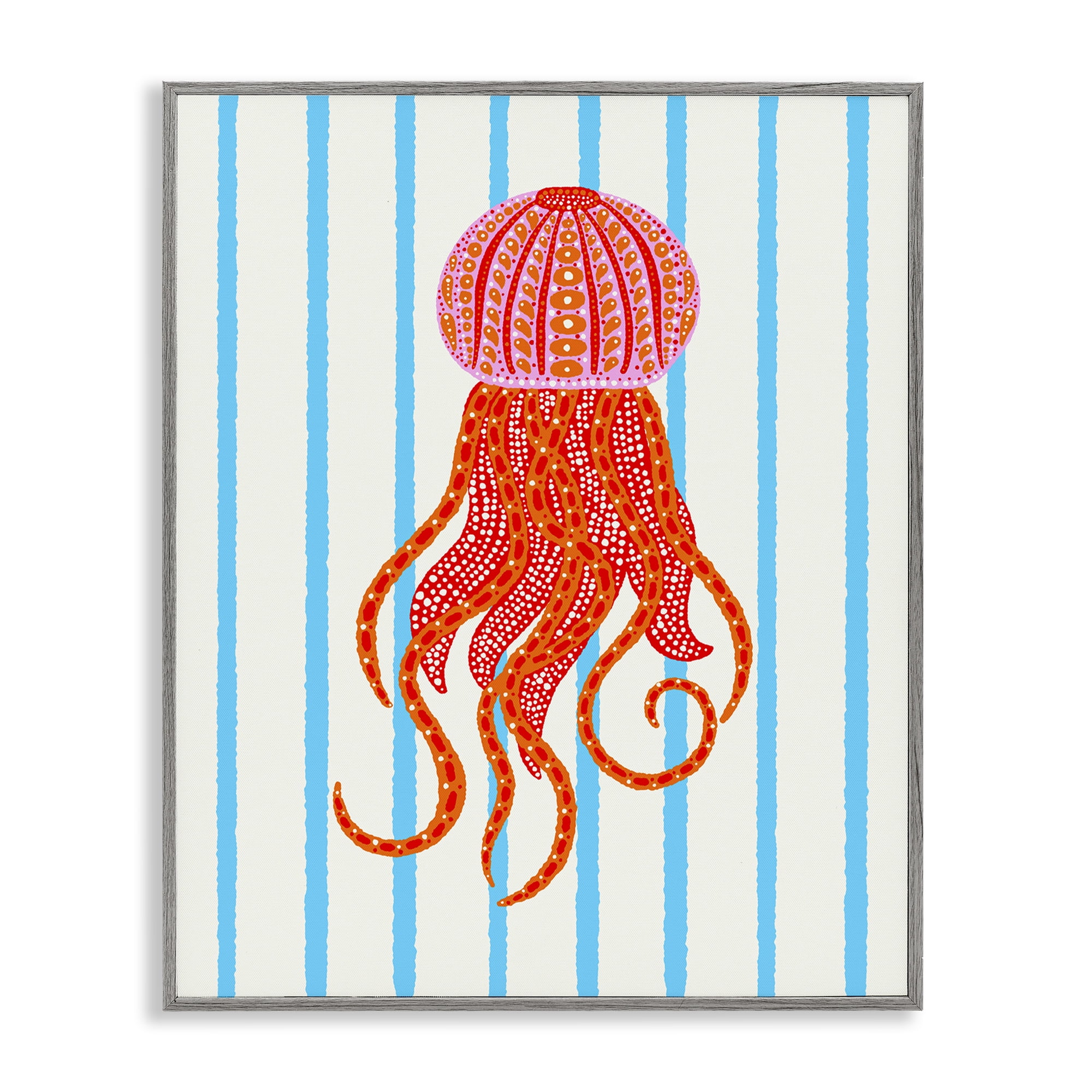 Stupell Industries Bright Aquatic Jellyfish on Stripes Gray Framed ...