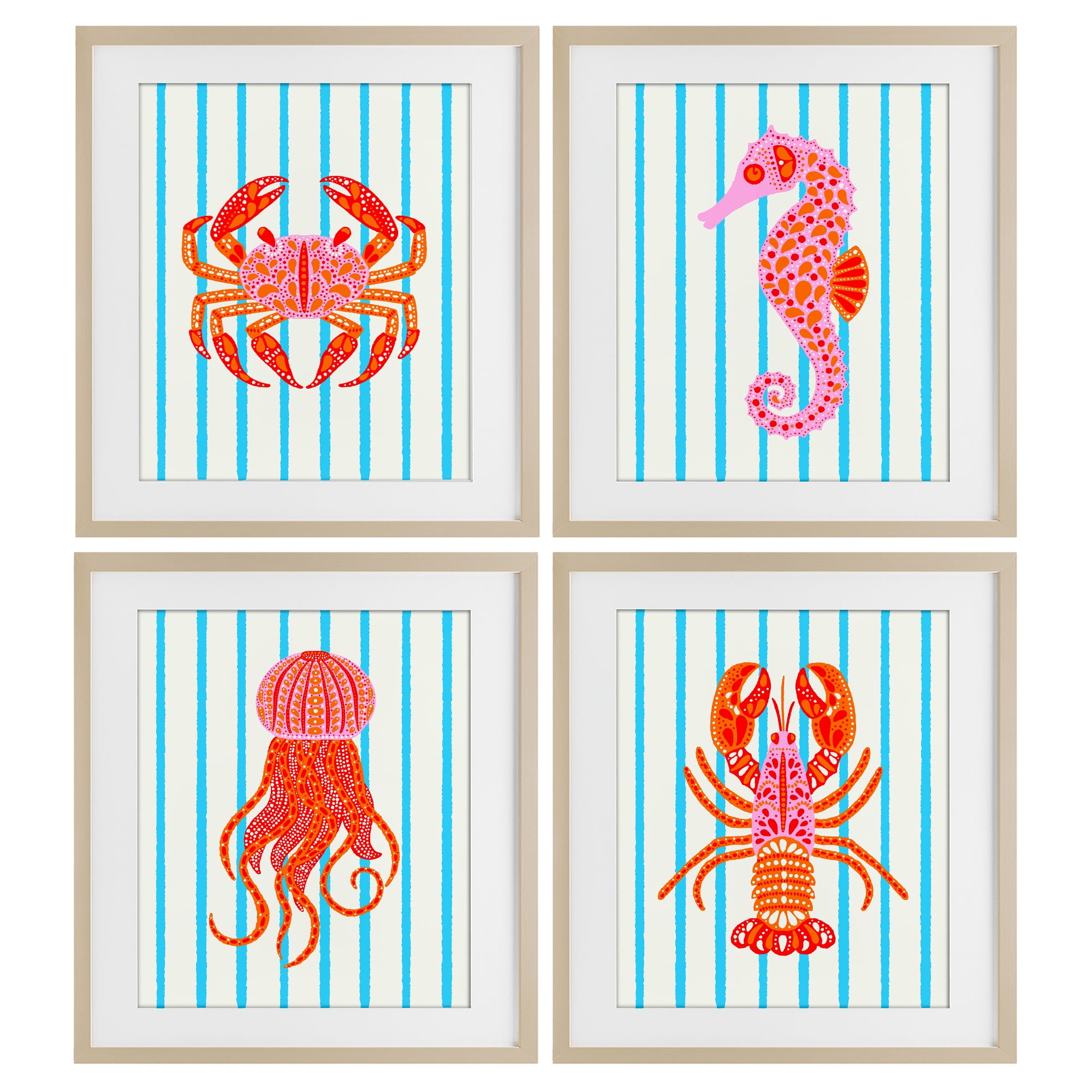 Stupell Industries Bright Sea Creatures on Stripes 4 Piece Birch Framed ...