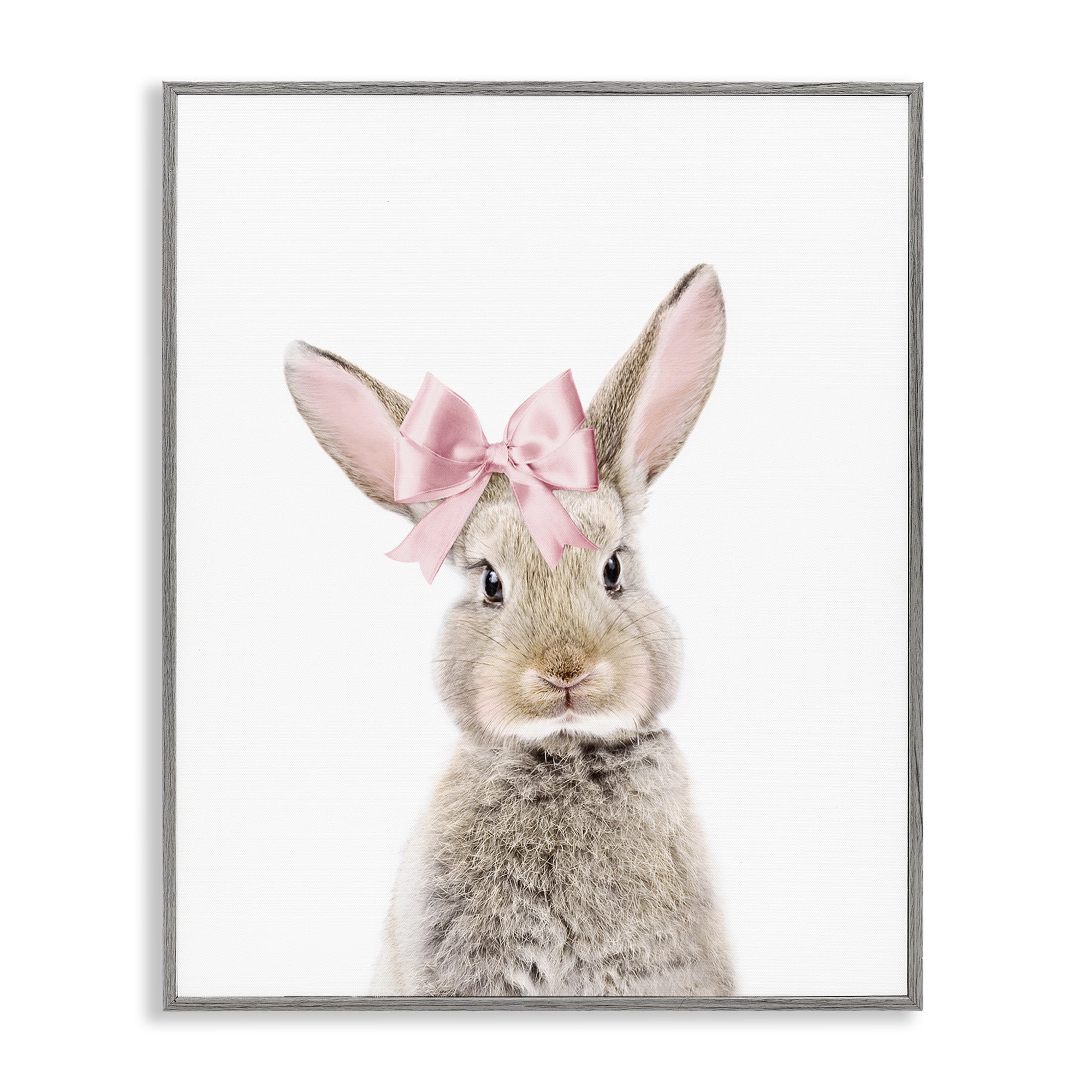 Stupell Industries Bunny with Pink Bow Animals Painting Gray Framed Art ...