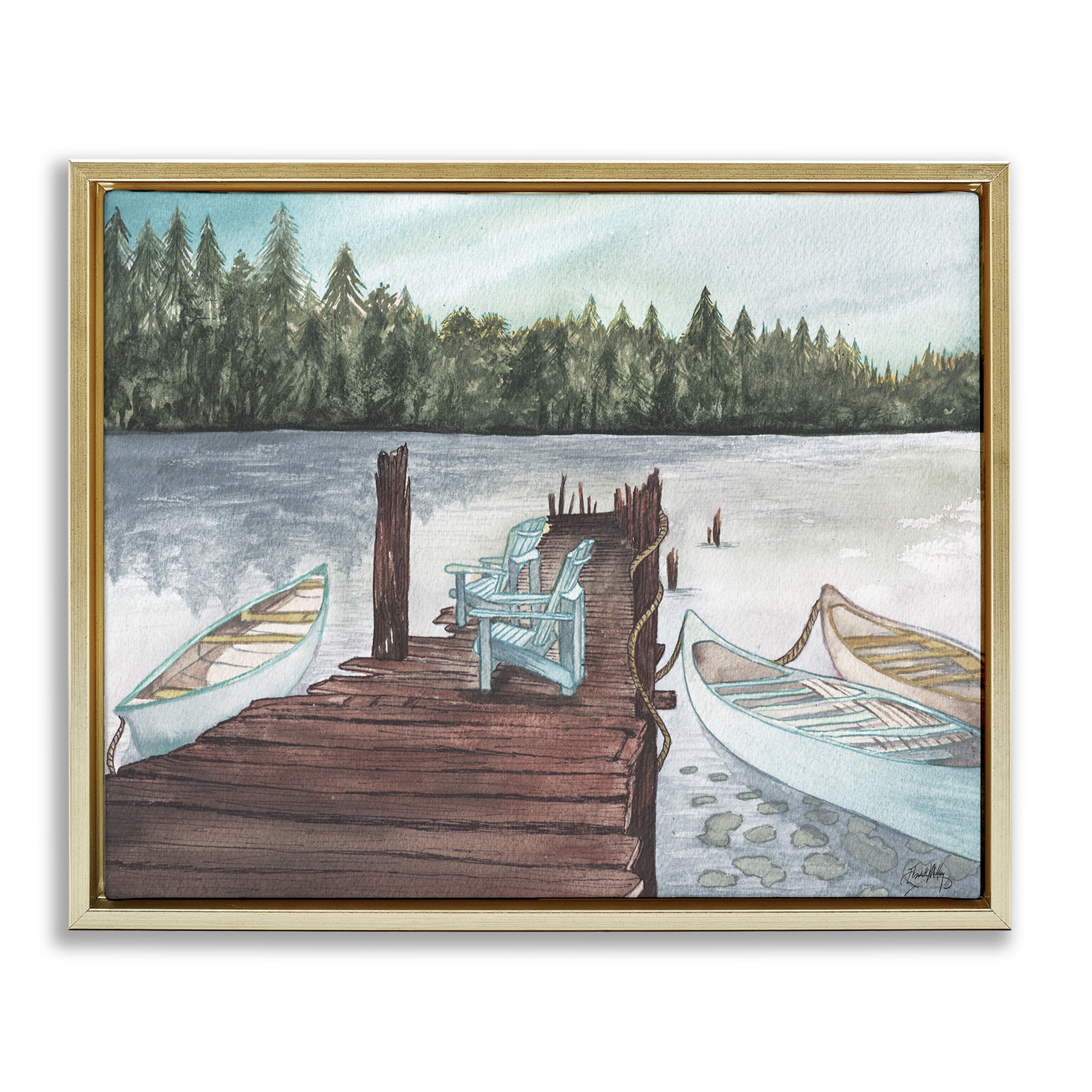 Stupell Industries Canoes at Lake Dock Landscape Painting Gold Floater ...