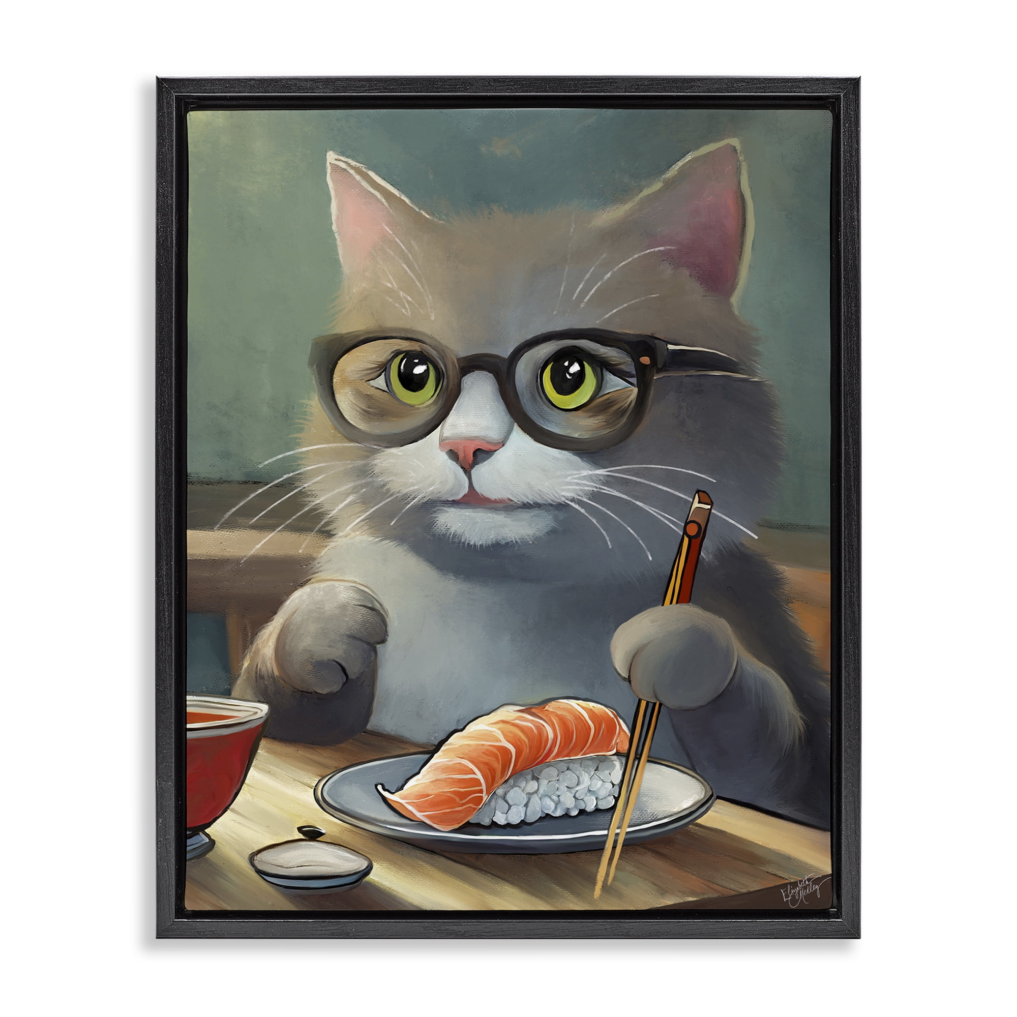 Stupell Industries Cat Eating Sushi Food & Beverage Painting Black ...