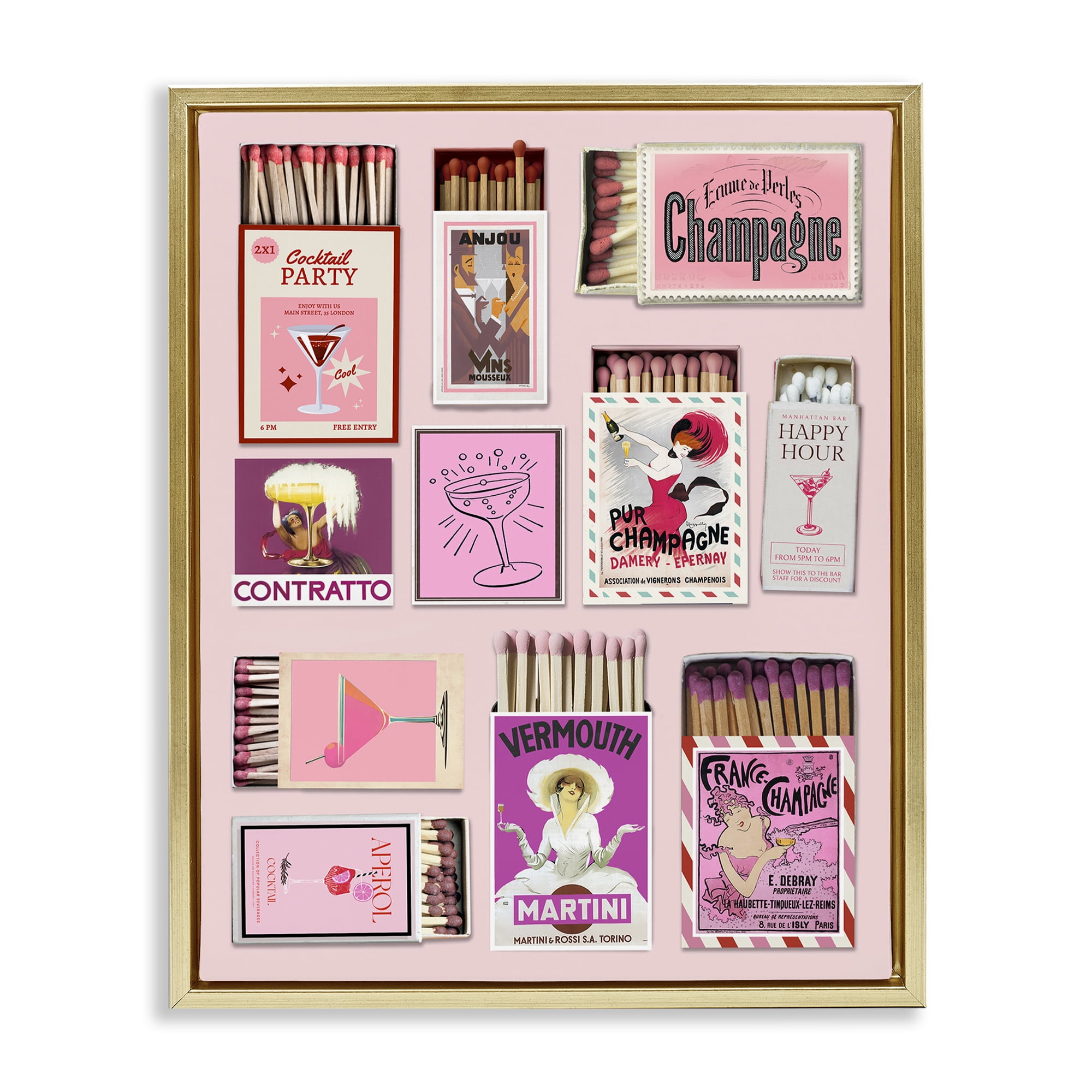 Stupell Industries Champagne & Cocktail Matchboxes Gold Framed Floater ...
