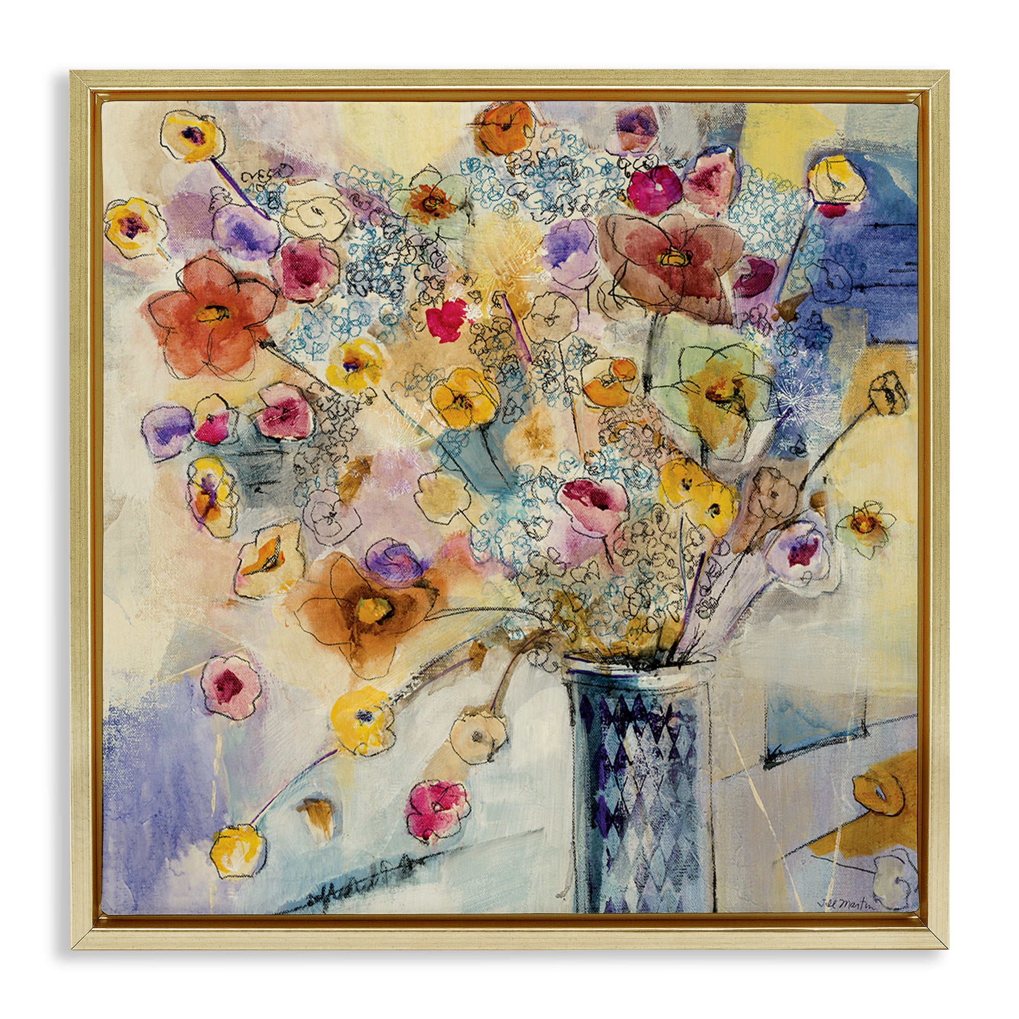Stupell Industries Chaotic Flowers Line Drawing Abstract Painting Gold ...