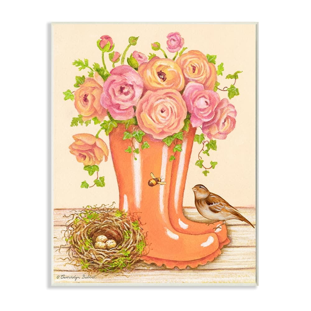 Stupell Industries Charming Orange Rainboots Pink Rose Bouquet Wall ...
