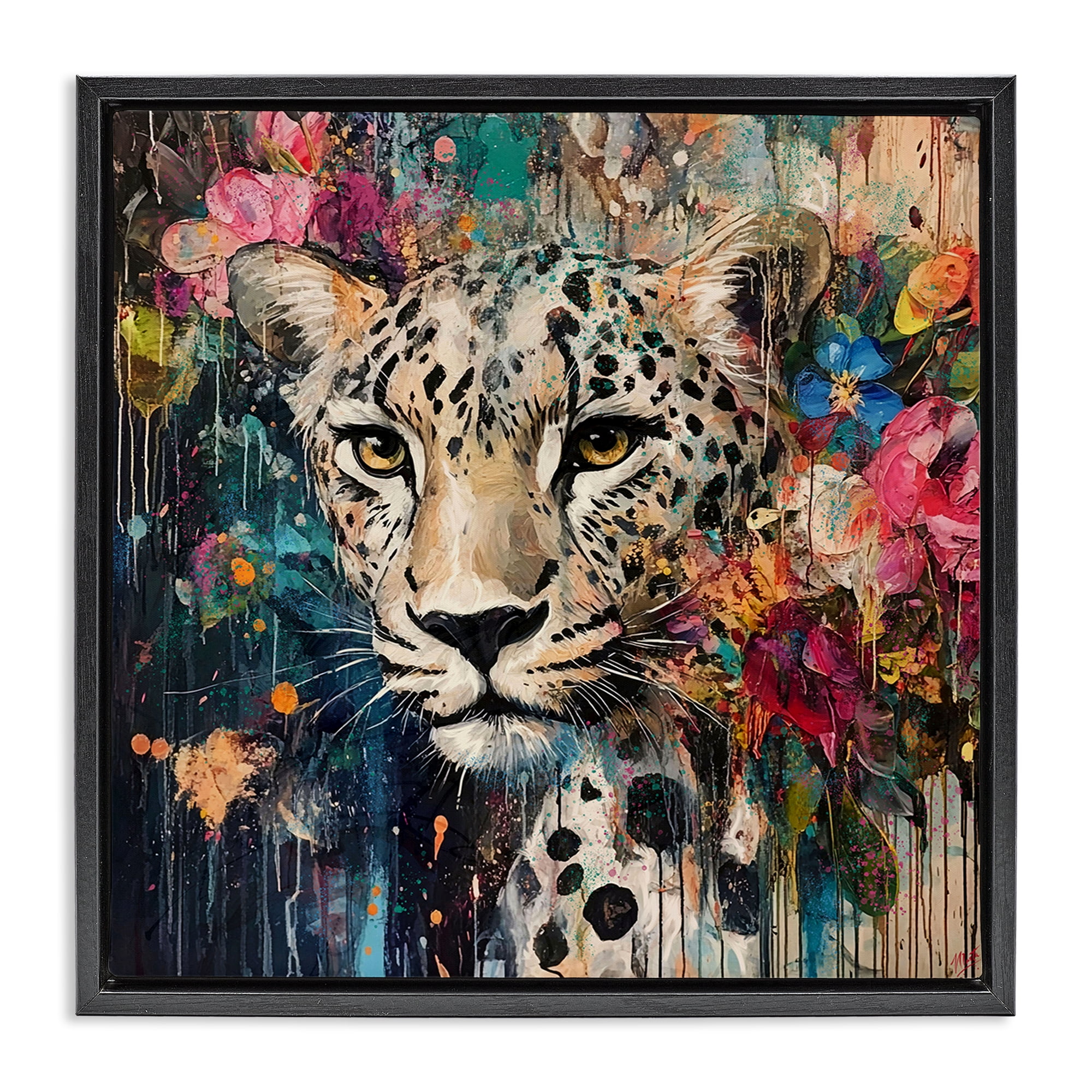 Stupell Industries Cheetah & Exotic Blooms Black Framed Floater Canvas ...