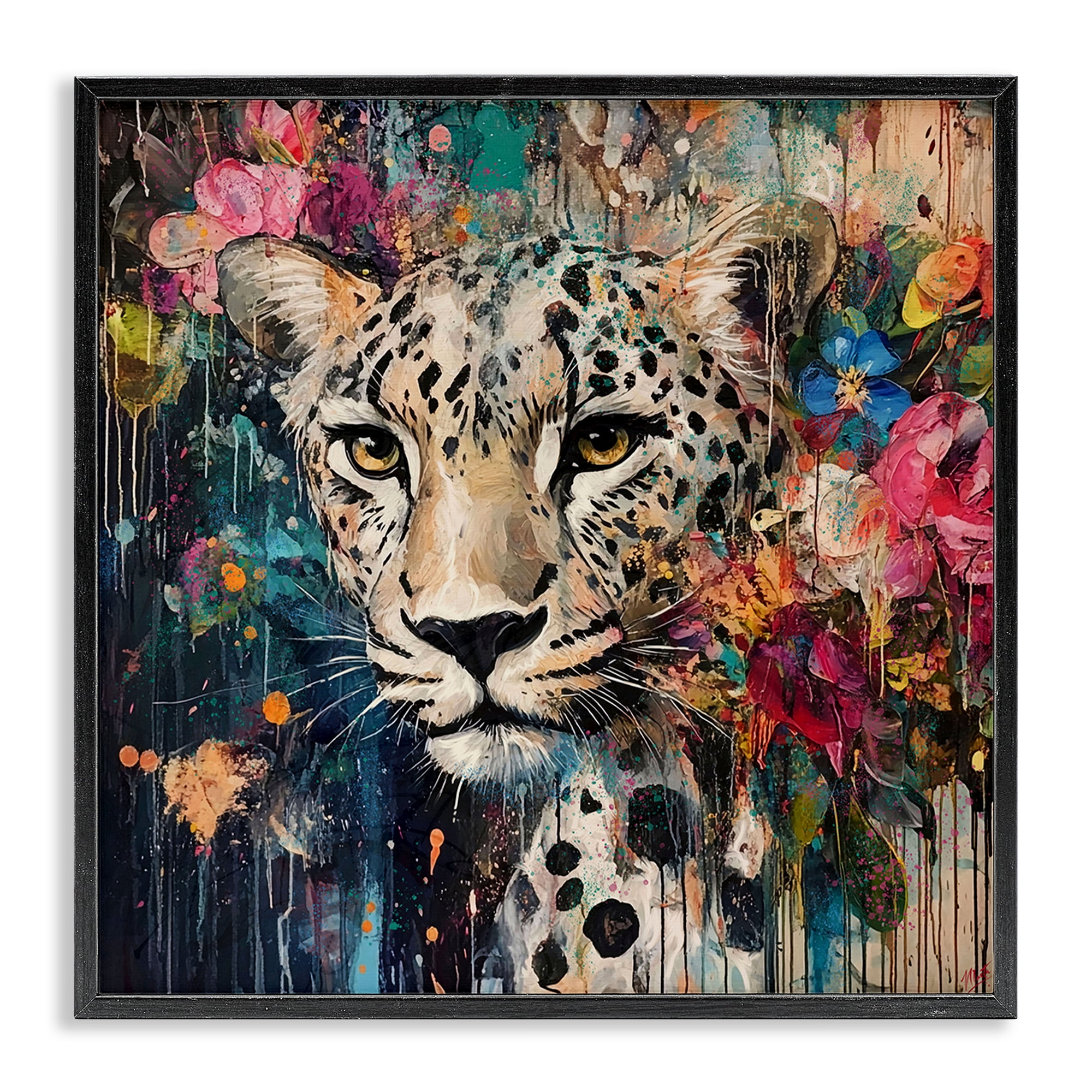 Stupell Industries Cheetah & Exotic Blooms Black Framed Giclee Art ...