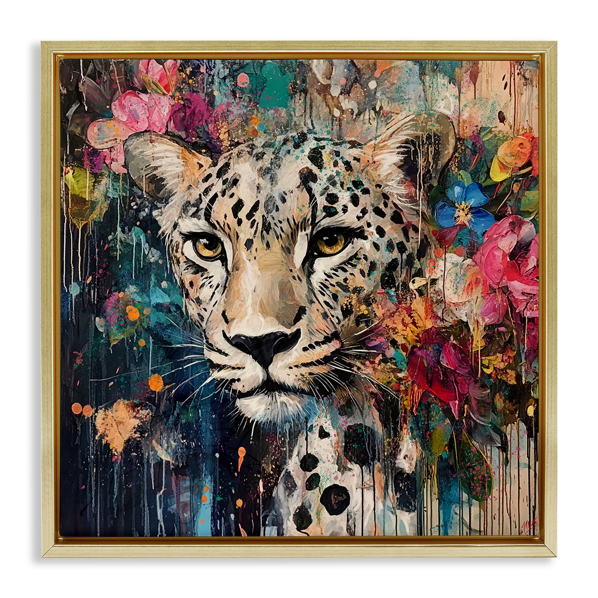 Stupell Industries Cheetah & Exotic Blooms Gold Framed Floater Canvas ...